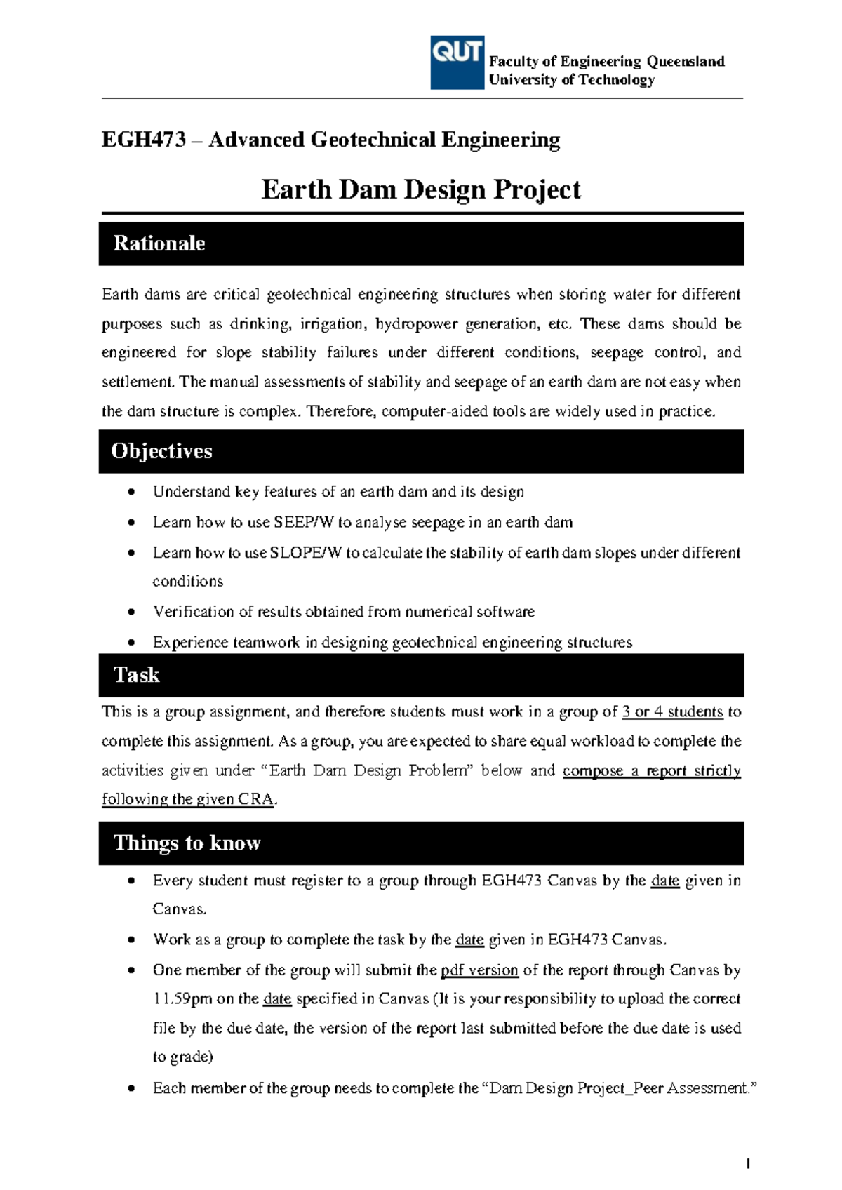 EGH 473 assignment 1 - Earth Dam Design Project (2024) - University of ...