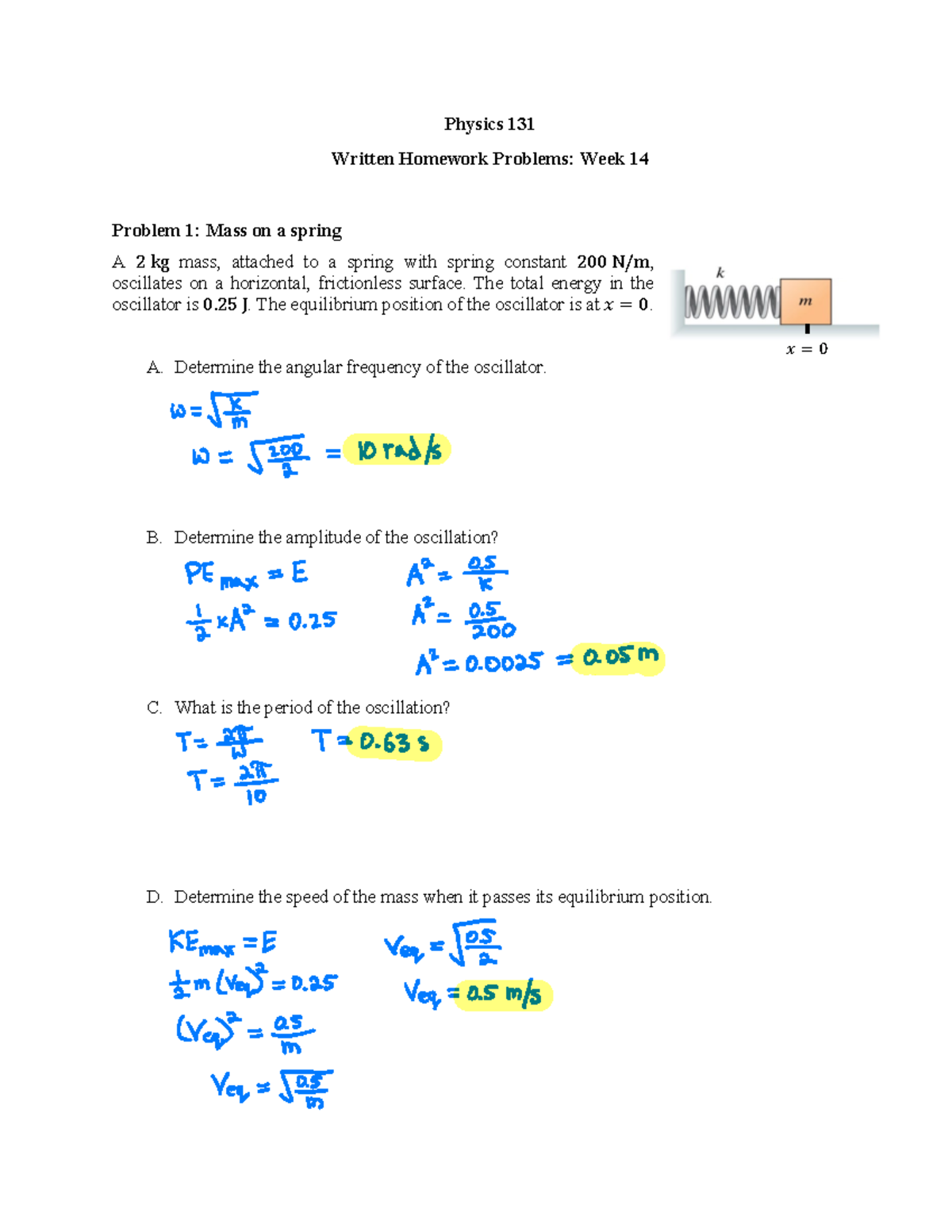 Week 14 Written Homework Problems - Physics 131 Written Homework Problems: Week 14 Problem 1 ...