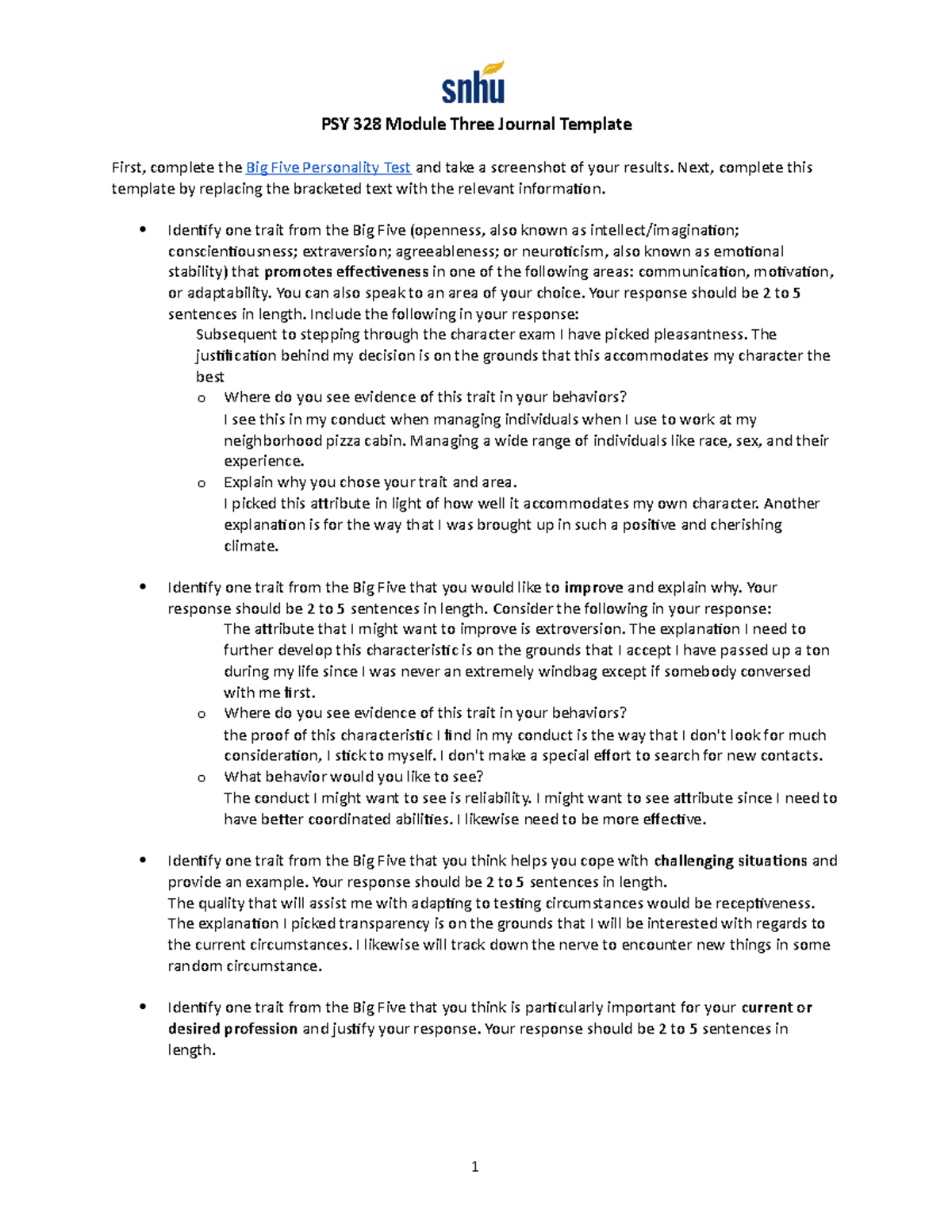 PSY 328 Module Three Journal Template - PSY 328 - SNHU - Studocu