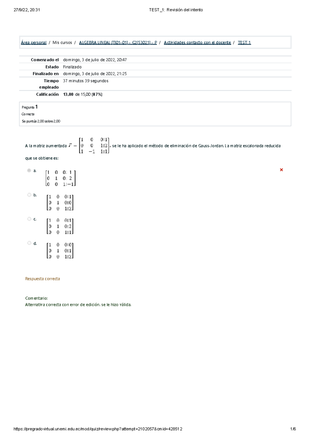 TEST 1 Algebra lineal - test 1 primeros semestres de tecnología de la ...