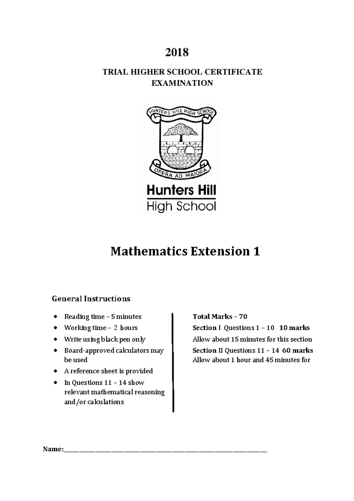 2018 3U Hunters Hill Trials with Solutions - Mathematics Extension 1 ...