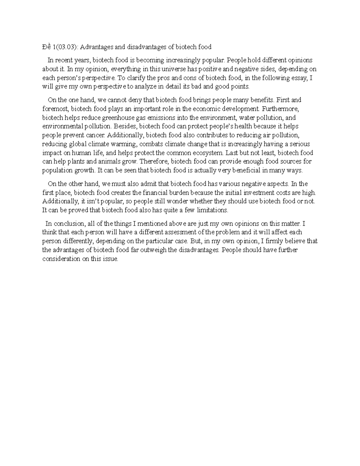 Đề 03 - tiếng anh - Đề 1(03): Advantages and disadvantages of biotech ...