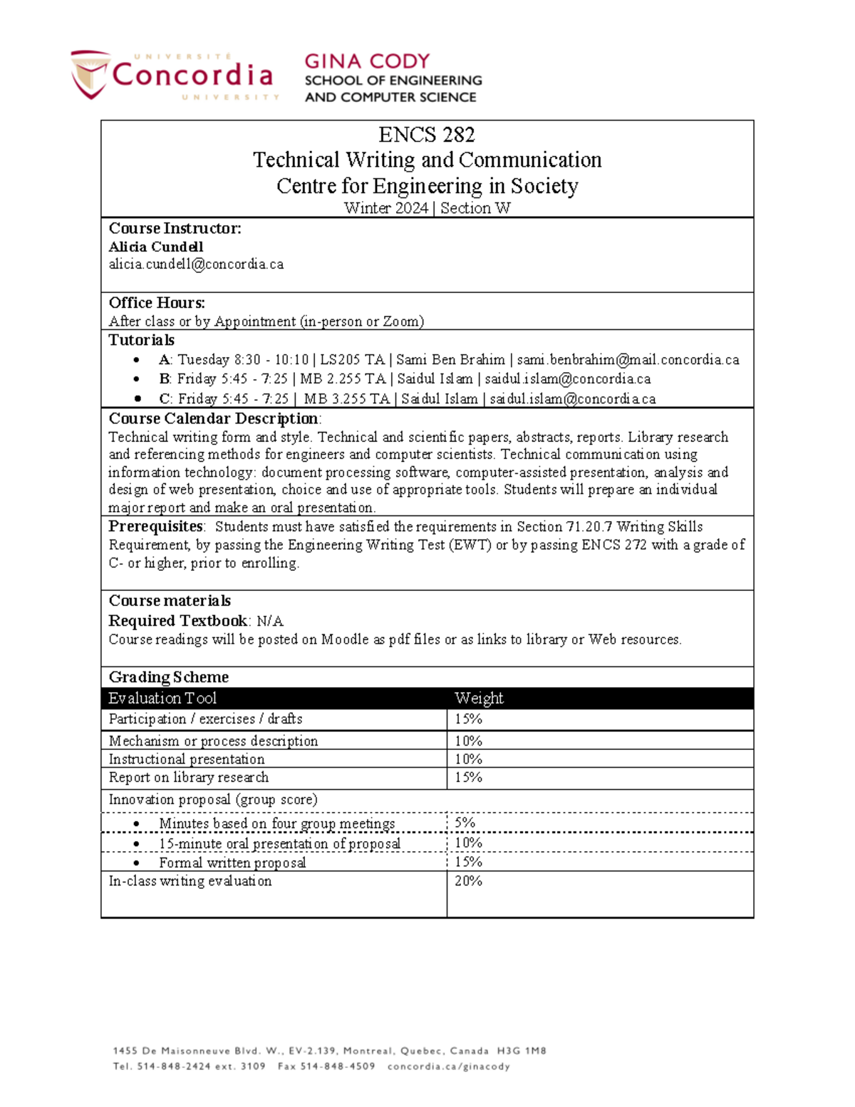 ENCS 282 - Course Outline - Winter 2024 - ENCS 282 Technical Writing and Communication Centre ...