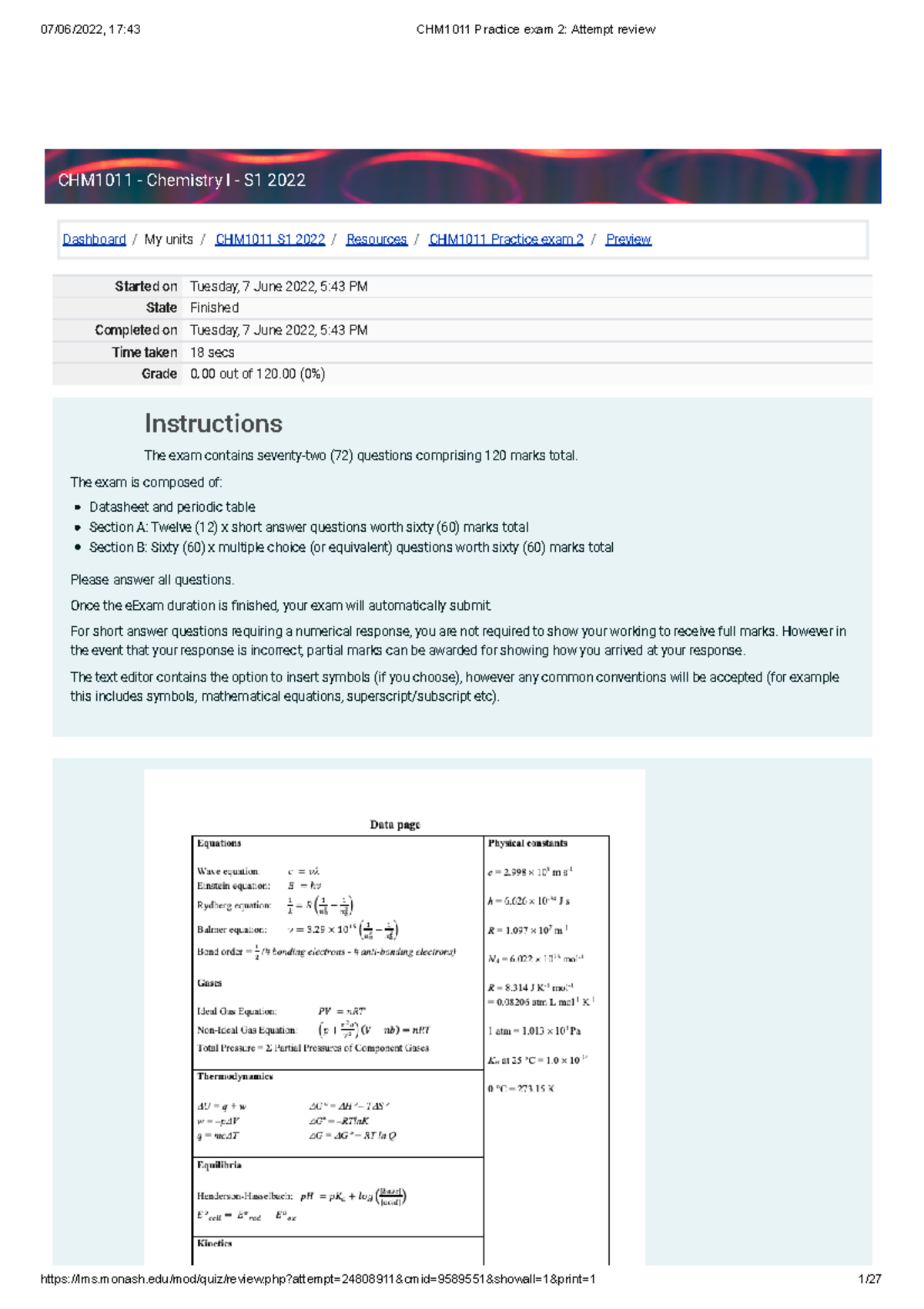 CHM1011 Practice exam 2 Section B answers annotated - Dashboard / My units / CHM1011 S1 2022 ...