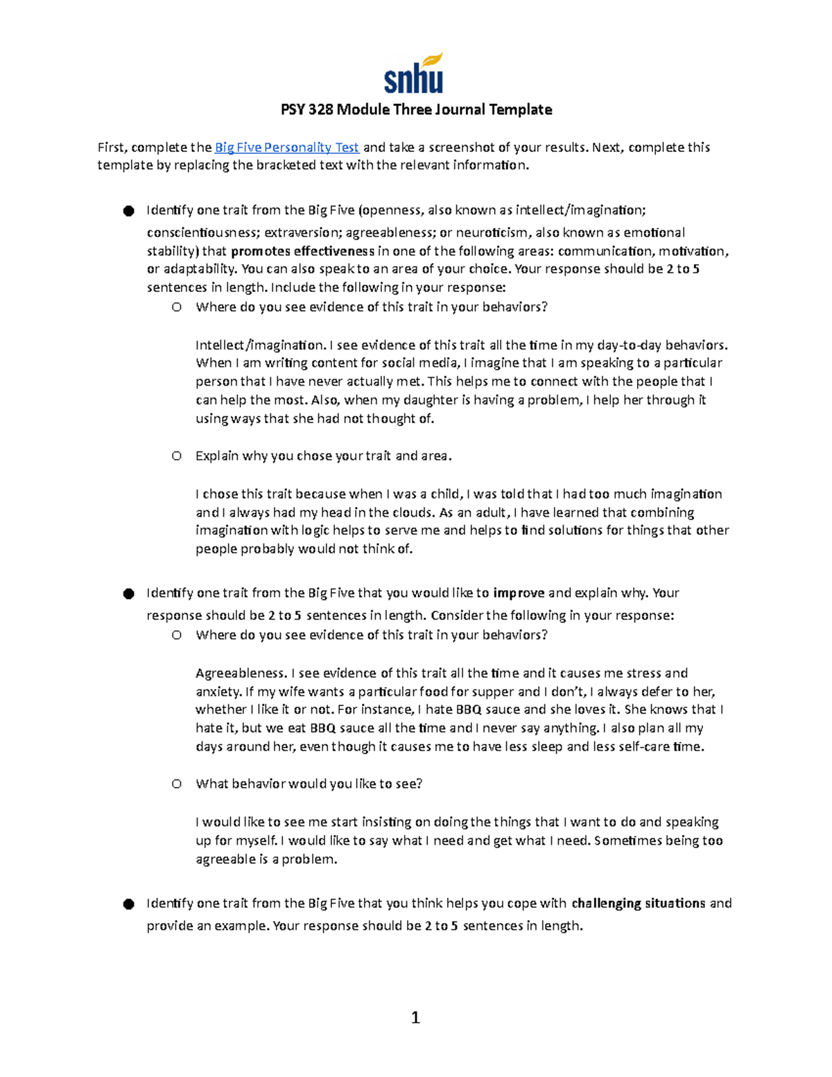 PSY 328 Module Three Journal - Next, complete this template by replacing the bracketed text with ...