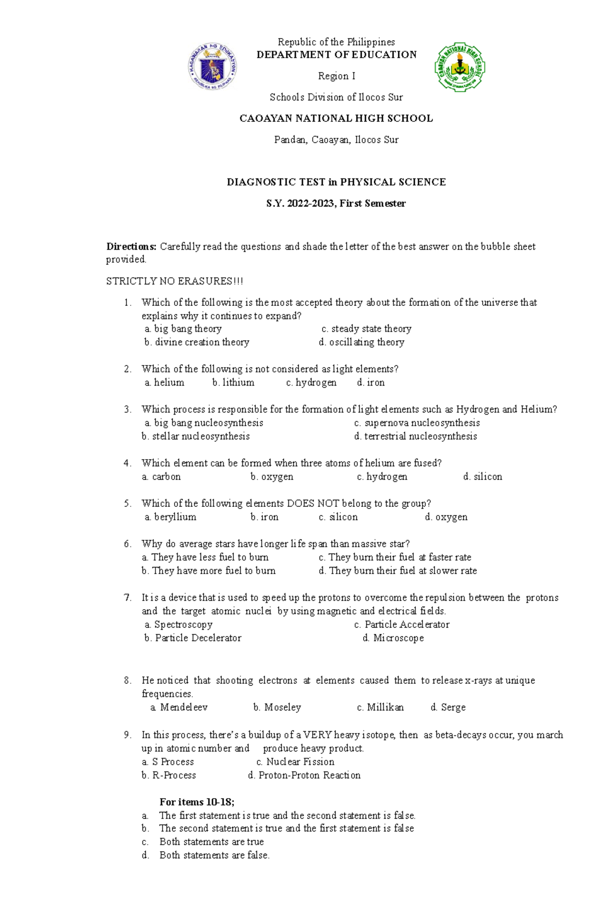 Diagnostic test in physical science - Republic of the Philippines ...