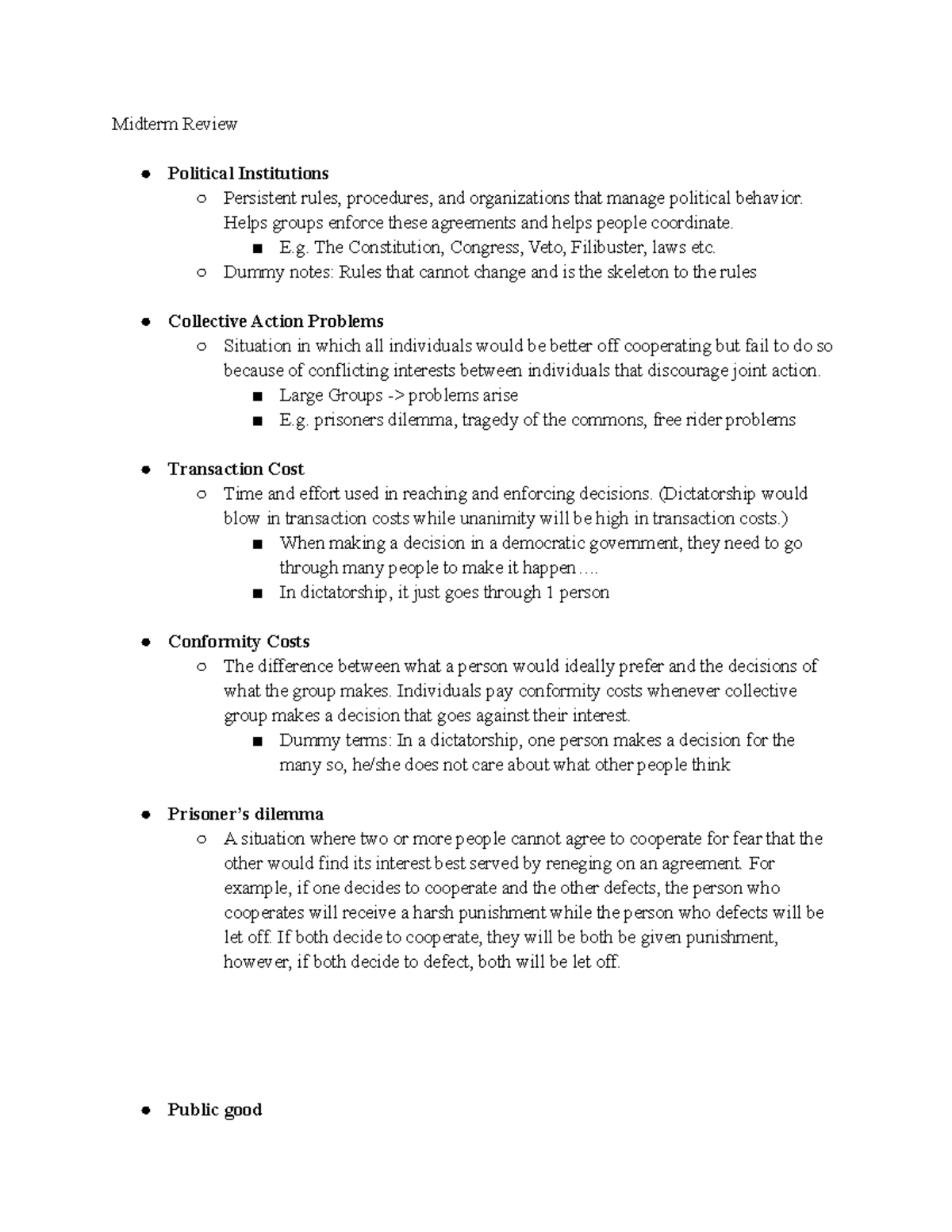 Polsci 1 Final Review - Midterm Review Political Institutions ...