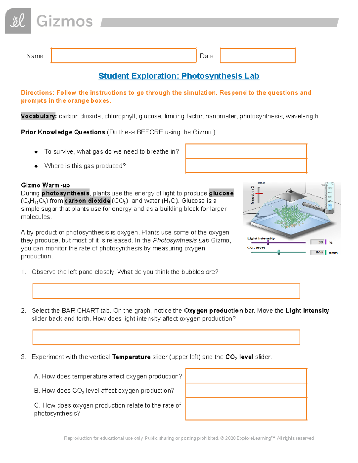 Photosynthesis Lab Gizmos - Name: Date: Student Exploration ...