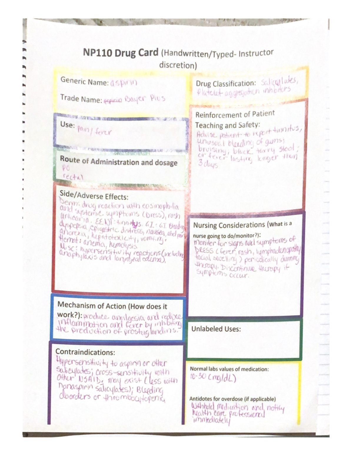 NP110 Drug Card (Handwritten Typed- Instructor - howe Foe oe Fos ee ...