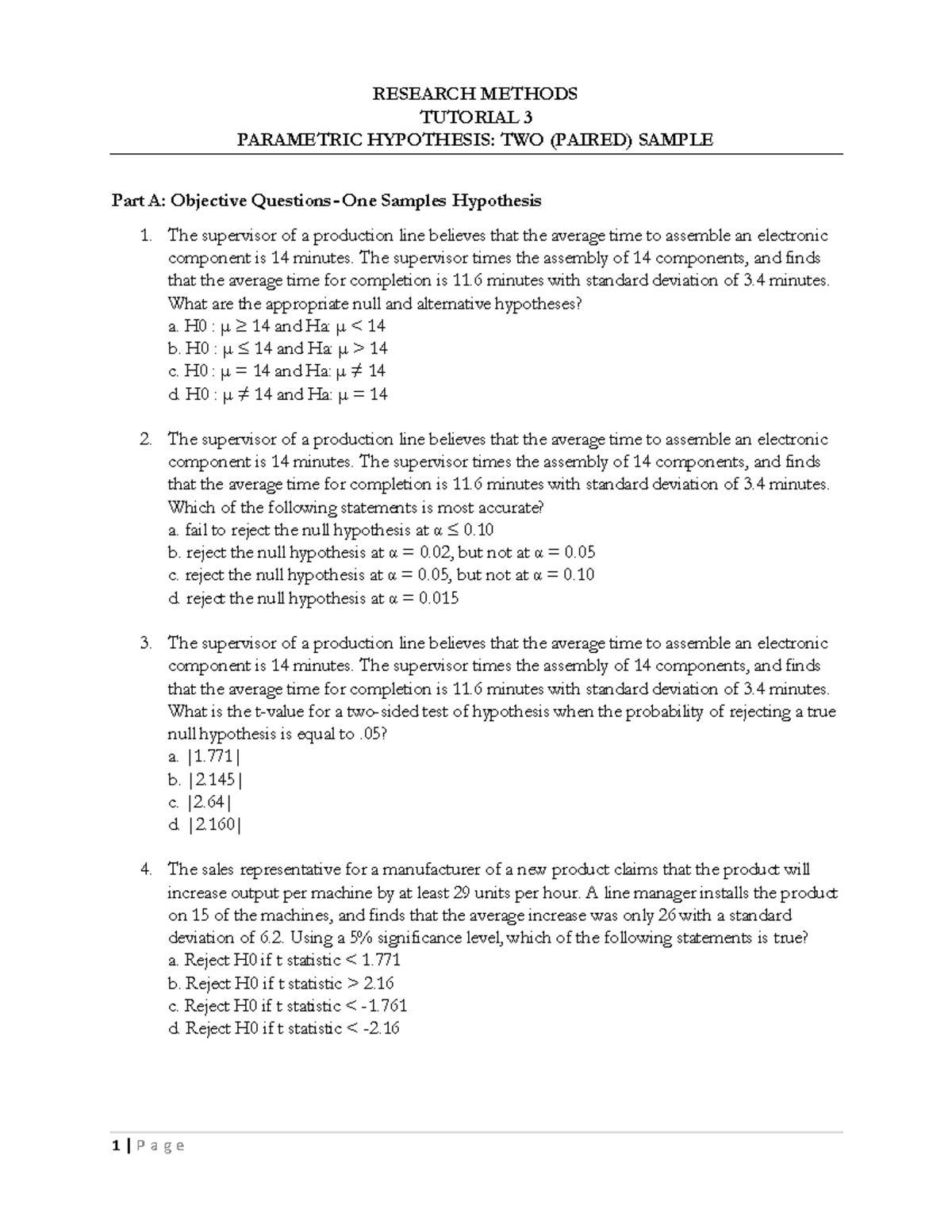 Tutorial 3 - Two Paired Samples Hypothesis- Questions - RESEARCH ...