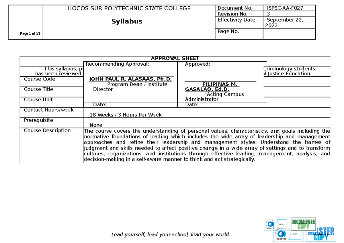 CFLM-2 Syllabus NEW - ILOCOS SUR POLYTECHNIC STATE COLLEGE Syllabus Revision No. 3 Effectivity ...