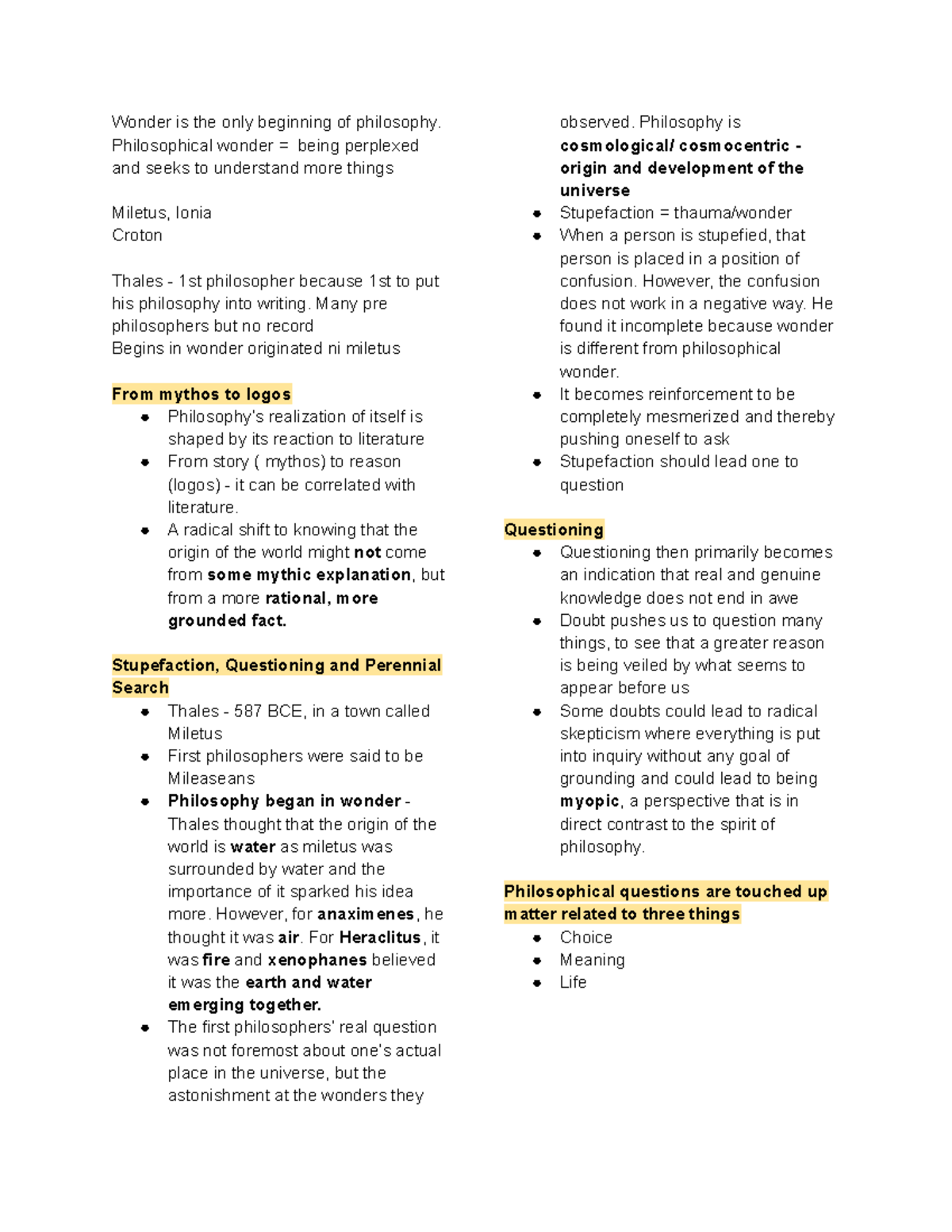 Philo Notes copy - Wonder is the only beginning of philosophy ...