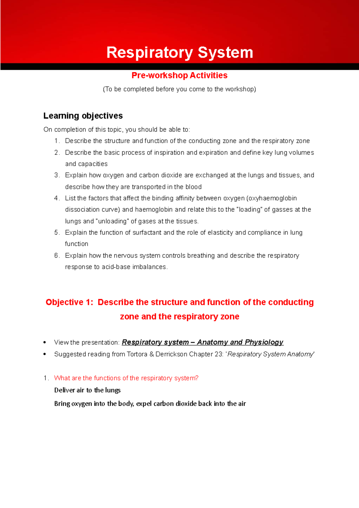 Workshop 8 - Respiratory System - Respiratory System Pre-workshop ...