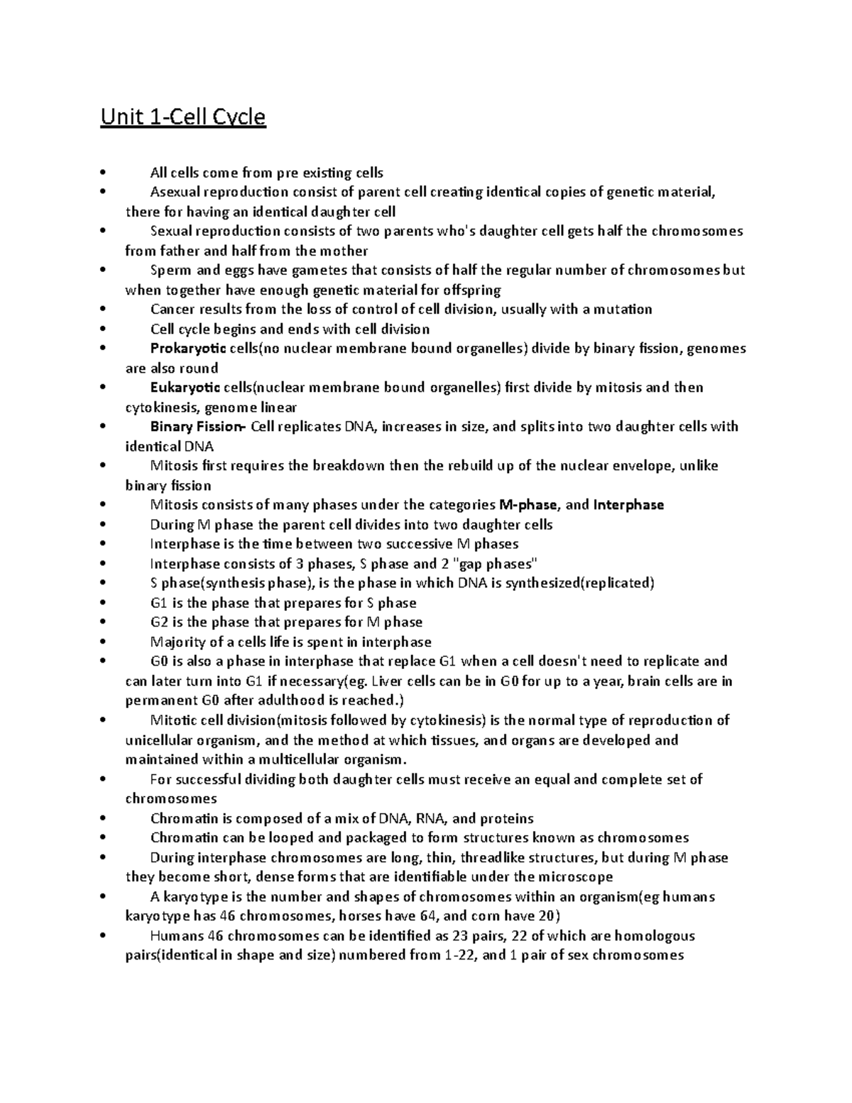 BIOL 1090 Big Review - Summary Biology - Unit 1-Cell Cycle All cells ...