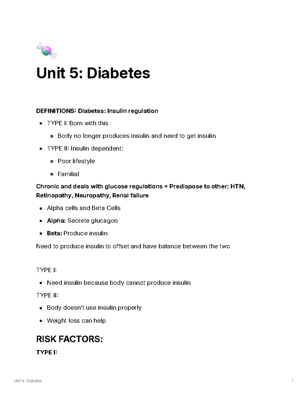 Unit 5 Diabetes - Lecture Notes - 🍬 Unit 5: Diabetes DEFINITIONS ...