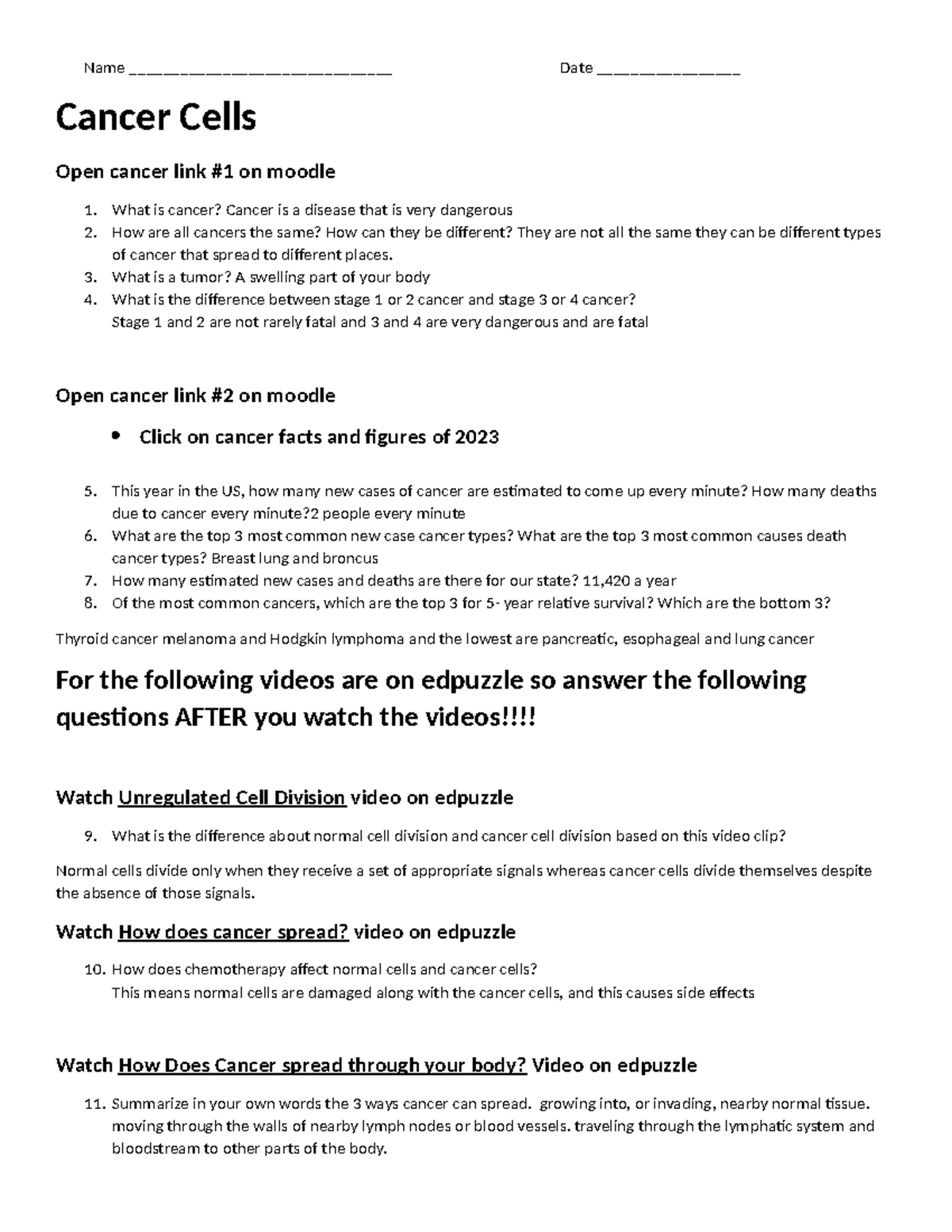 Cancer cells worksheet - Name _______________________________ Date ...