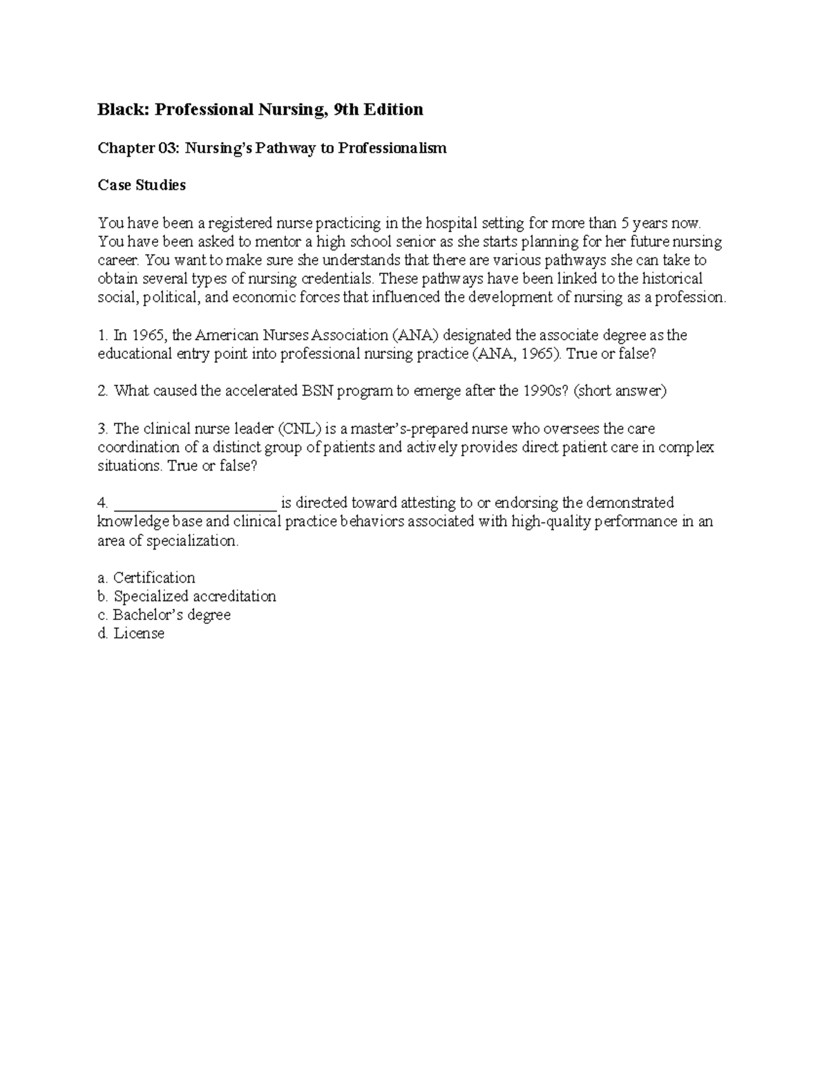 Chapter 03- Nursing’s Pathway to Professionalism - Black: Professional ...