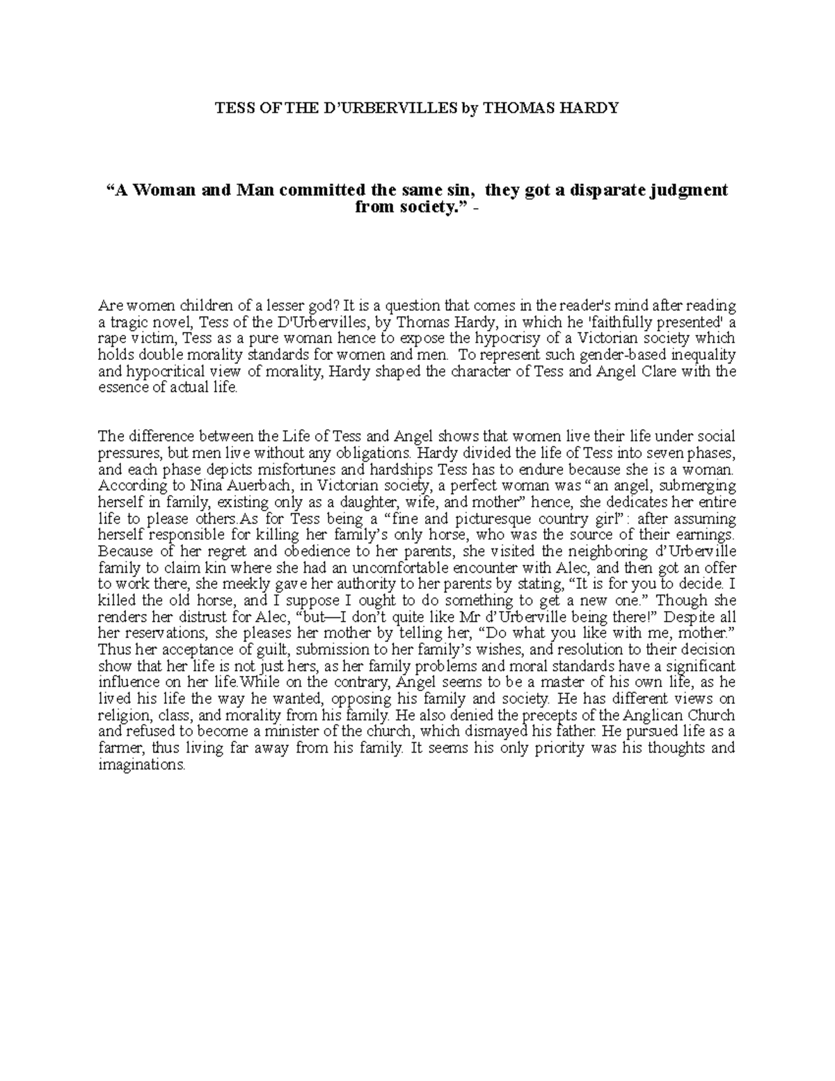 TESS OF THE D’ Urbervilles by Thomas Hardy - TESS OF THE D’URBERVILLES ...