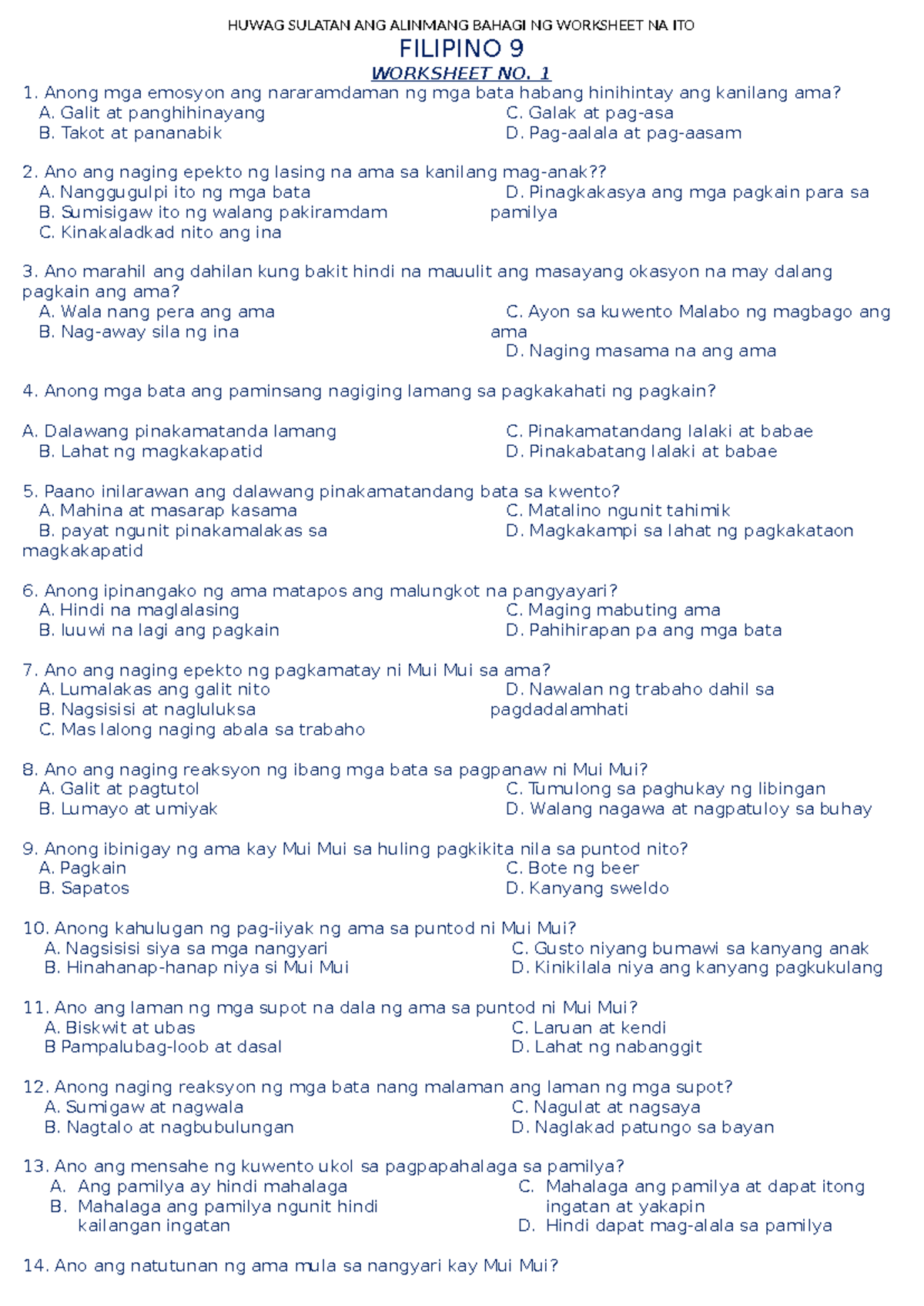 F9 Ang Ama, Nang Minsan ng Naligaw si Adrian - FILIPINO 9 WORKSHEET NO ...