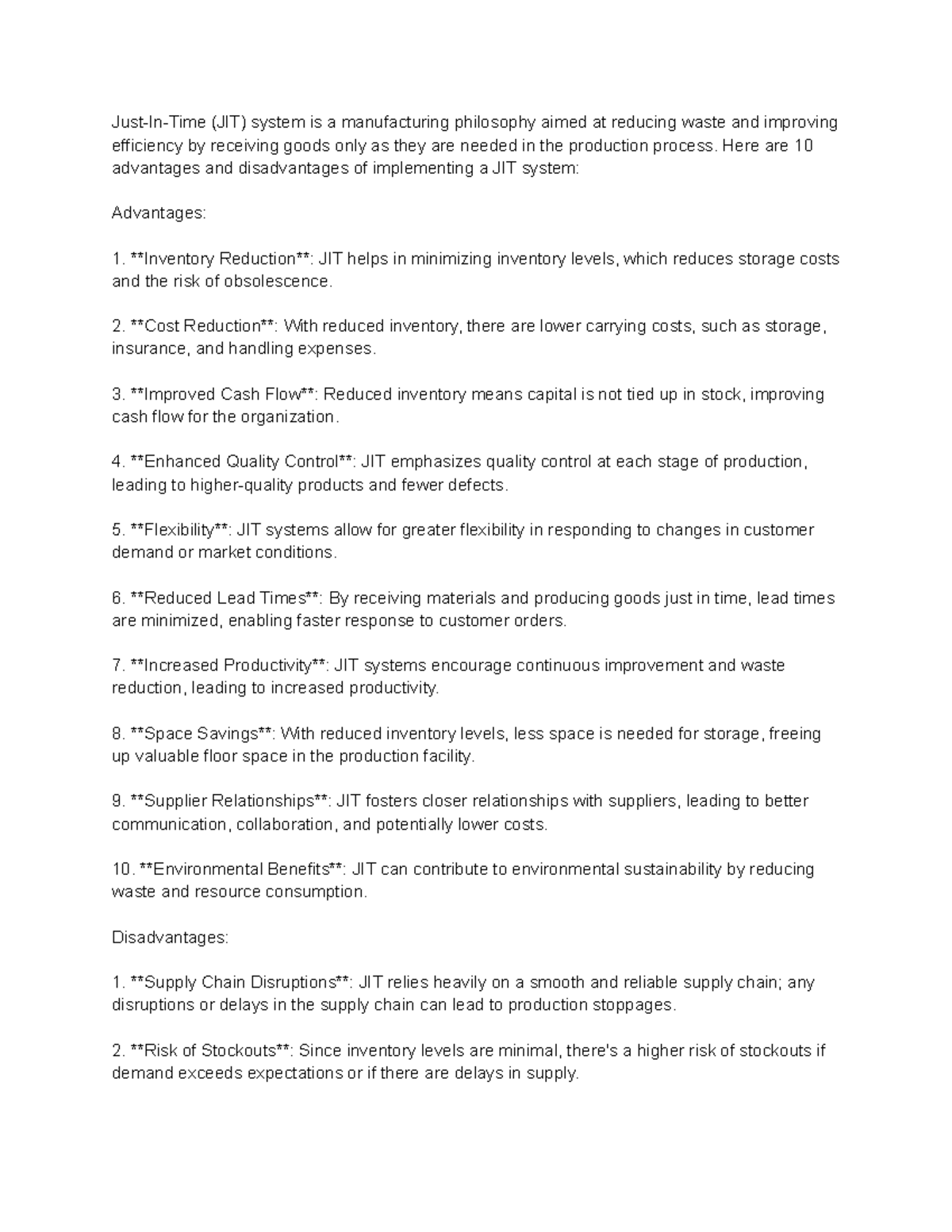 JIT pros and cons - JIT pros and cons - Just-In-Time (JIT) system is a ...