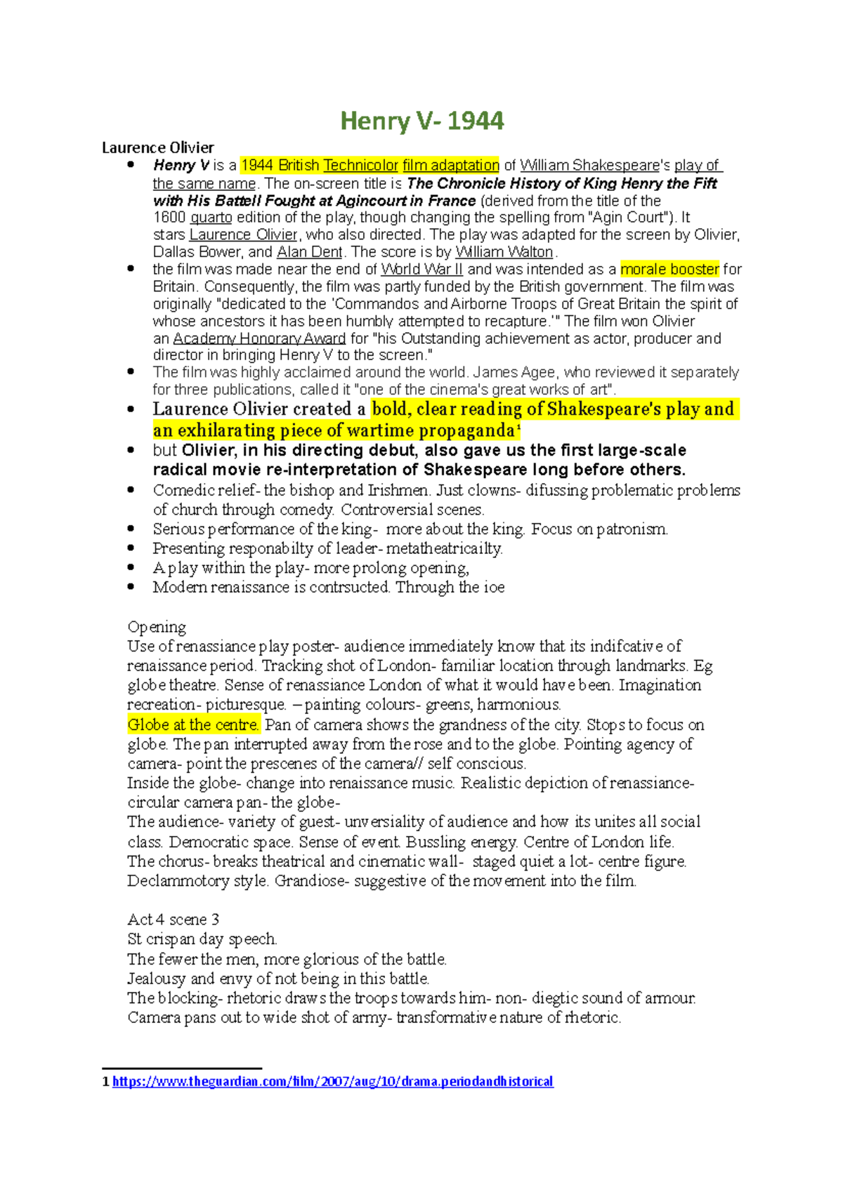 Henry V seminar notes - Dr Ramona Wray - Henry V- 1944 Laurence Olivier ...