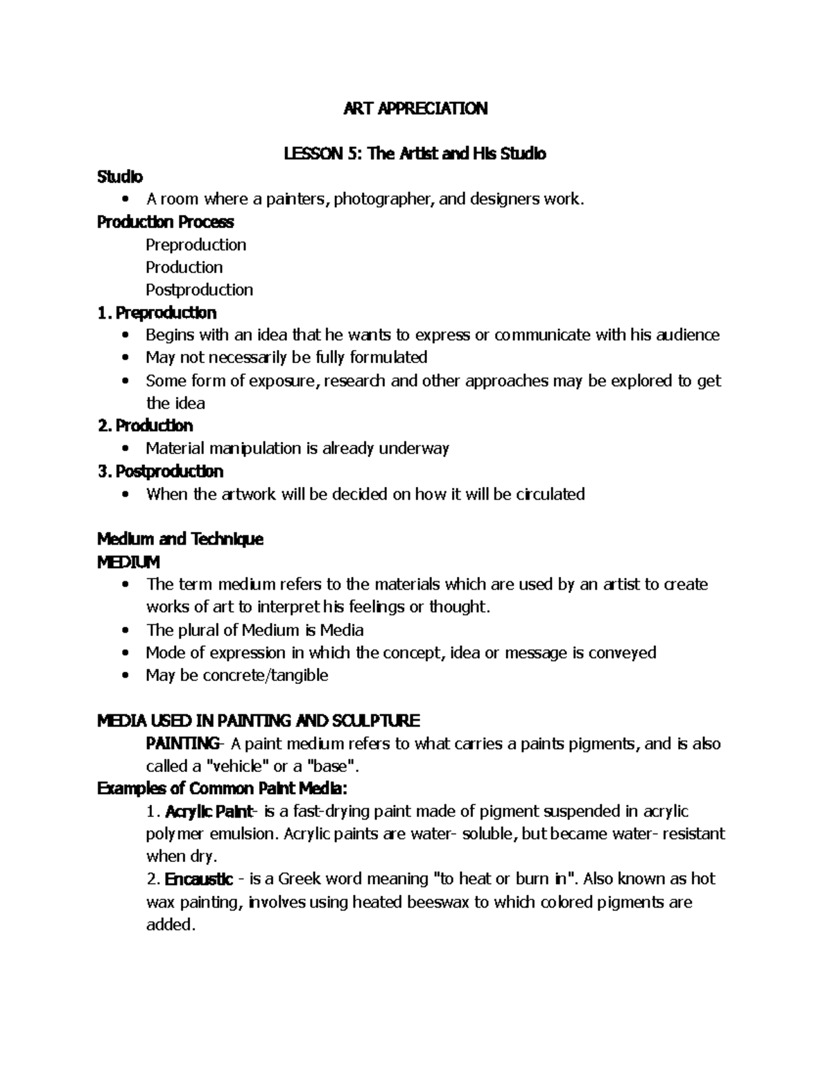 Art Appreciation Midterm notes - Artist, Production, Medium, Technique ...