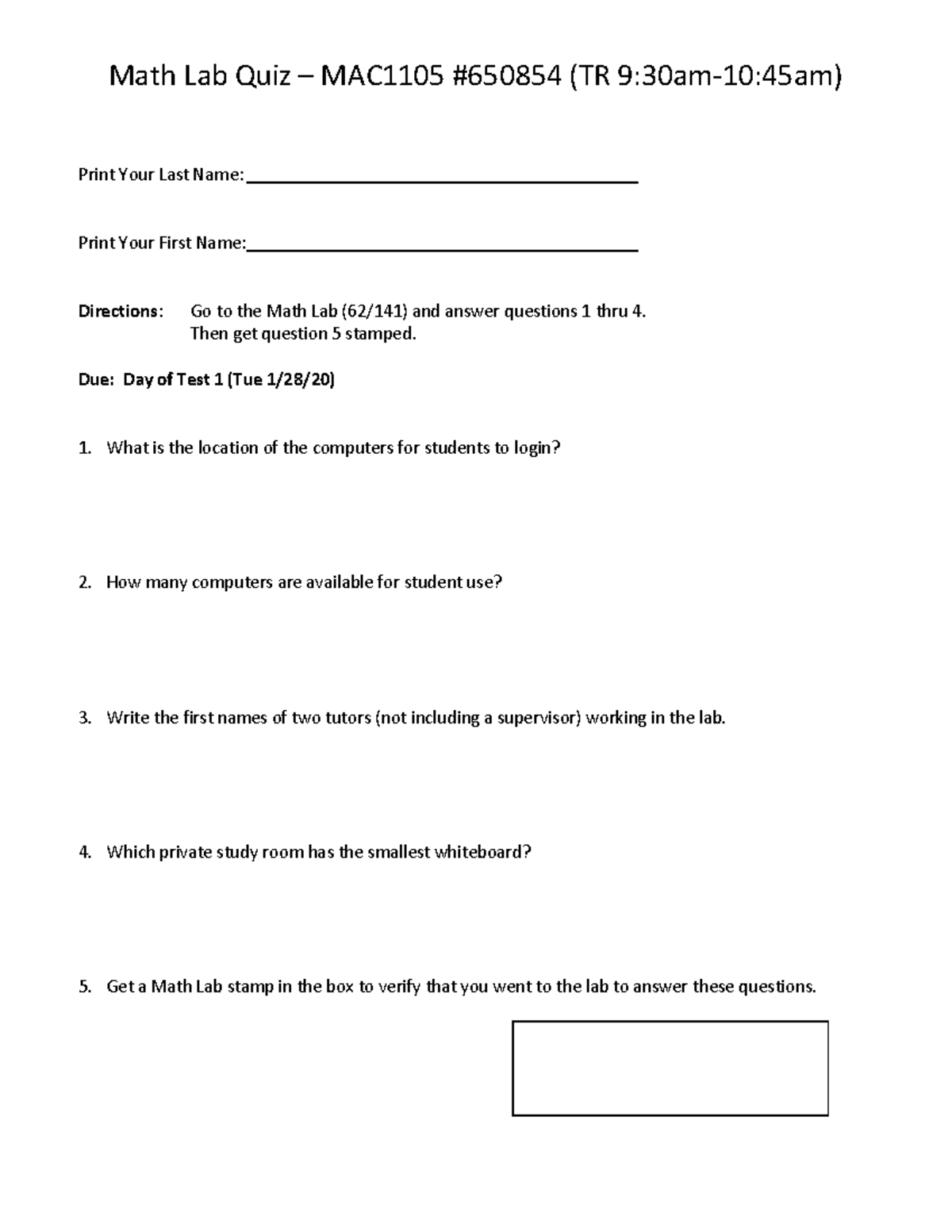 Math Lab Quiz - 650854 - Homework - Math Lab Quiz – MAC1105 #650854 (TR ...