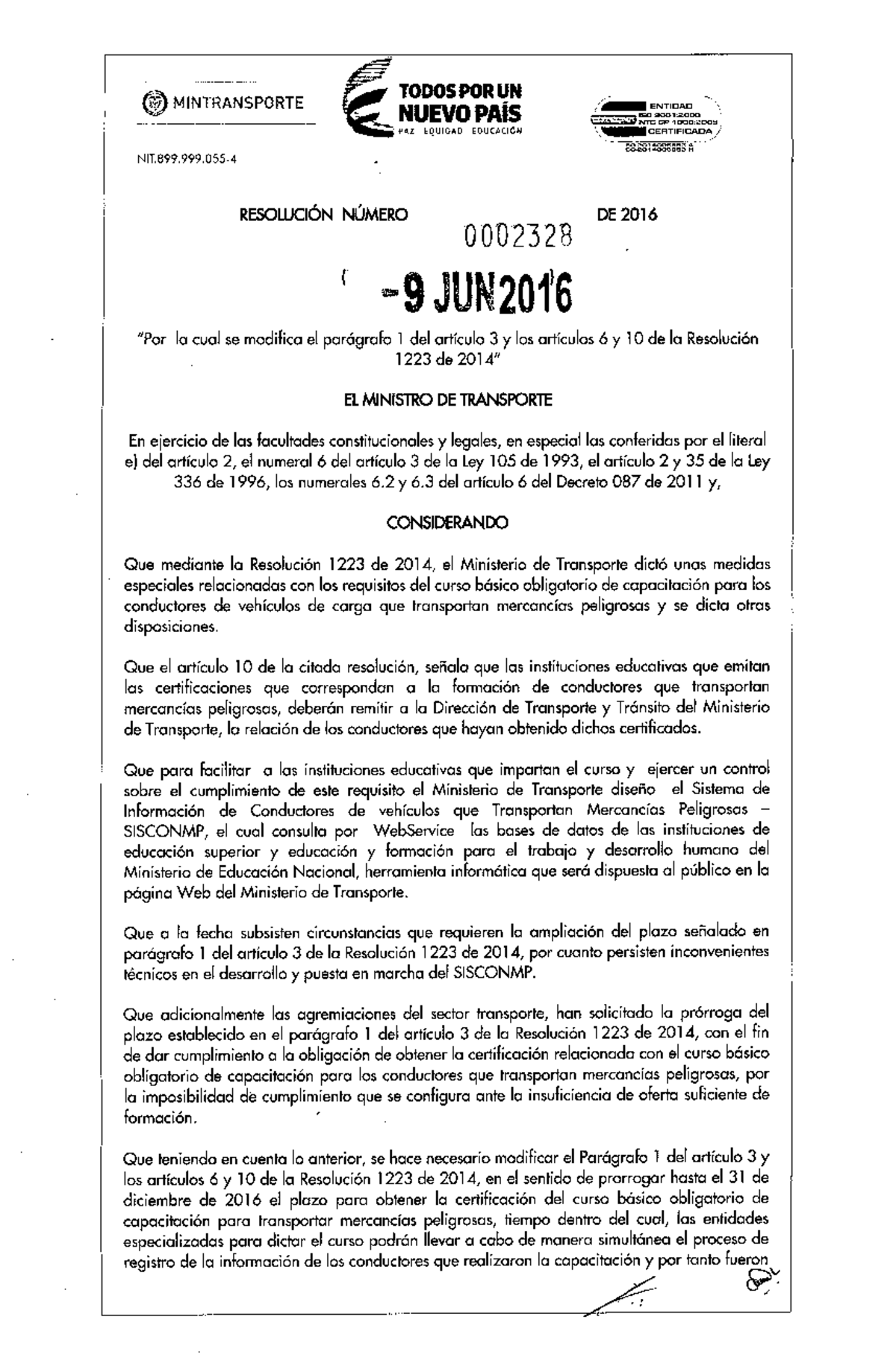 Resolucion 2328 DE 2016 Modifica Resolucion 1223 DE 2014 ...