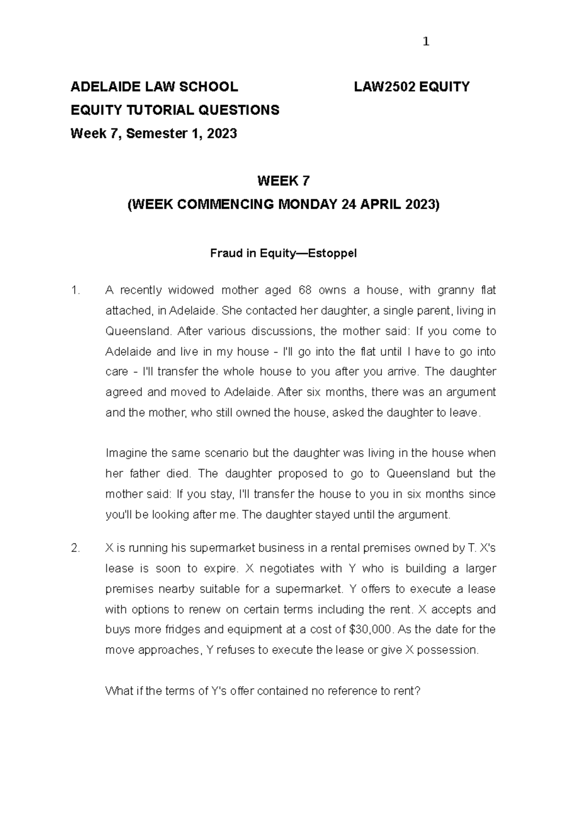 Week 7 Seminar 6 Tutorial Questions - Estoppel - (LAW2502 Equity)(Sem 1 ...
