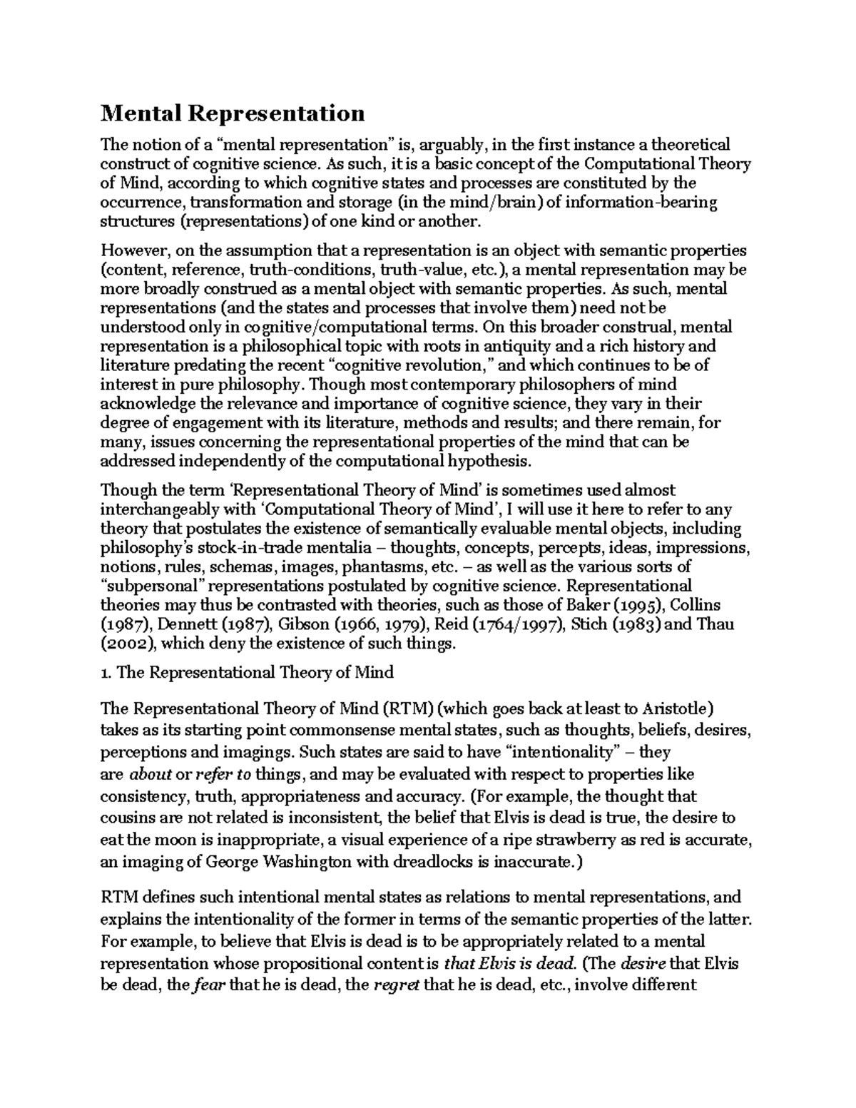 Lecture in Mental Representation - Mental Representation The notion of ...