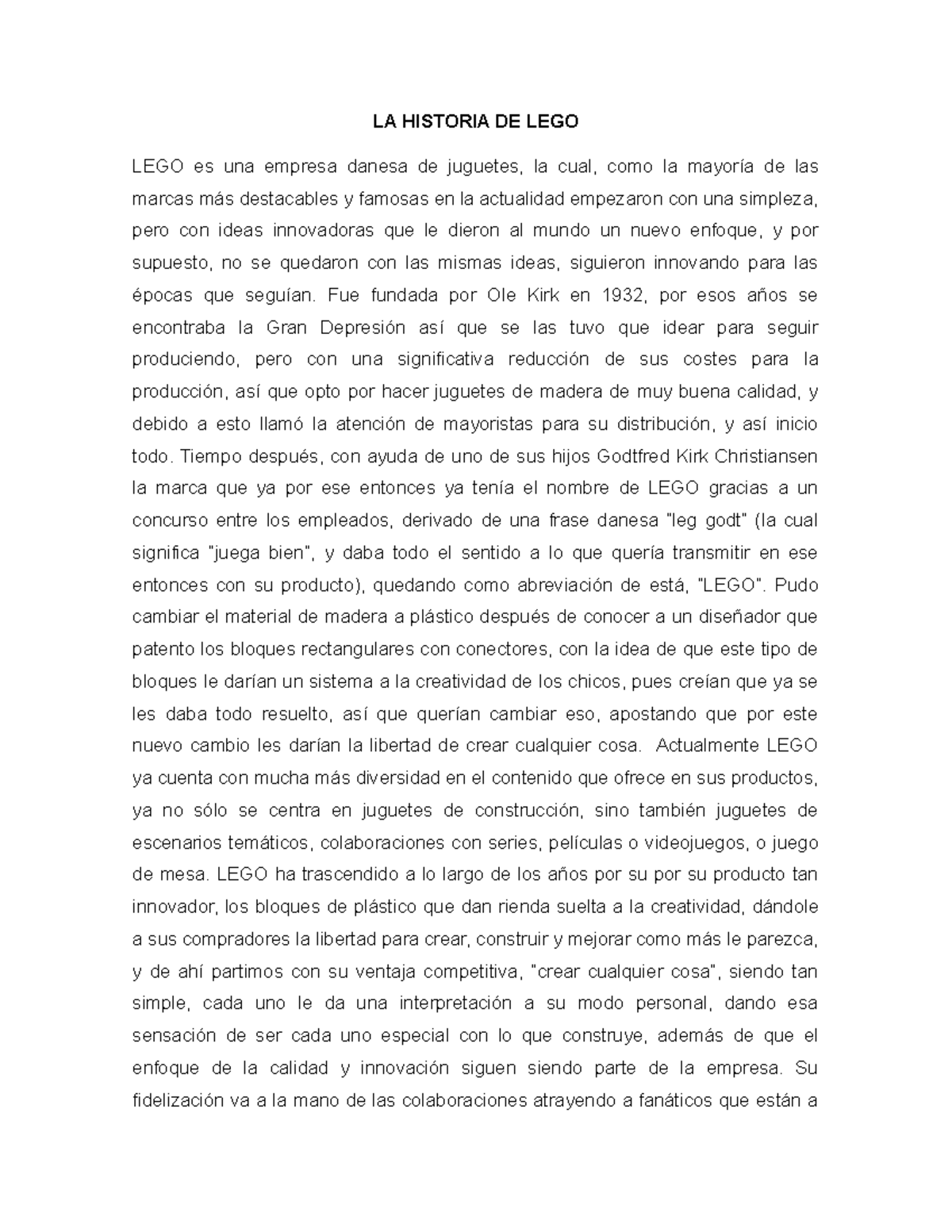 LA Historia DE LEGO - Apuntes 2 - LA HISTORIA DE LEGO LEGO es una ...