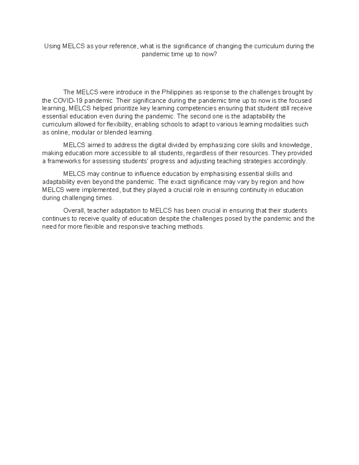 Using Melcs as your reference - Using MELCS as your reference, what is ...