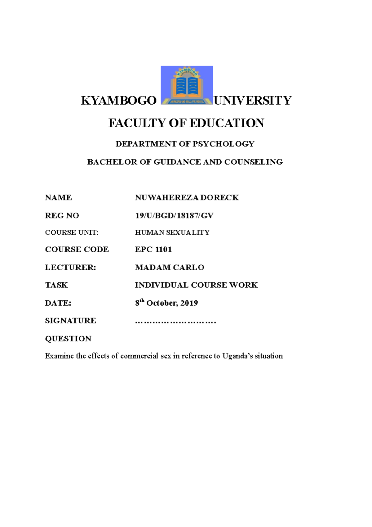 Commercial Sex Coursework Kyambogo University Faculty Of Education