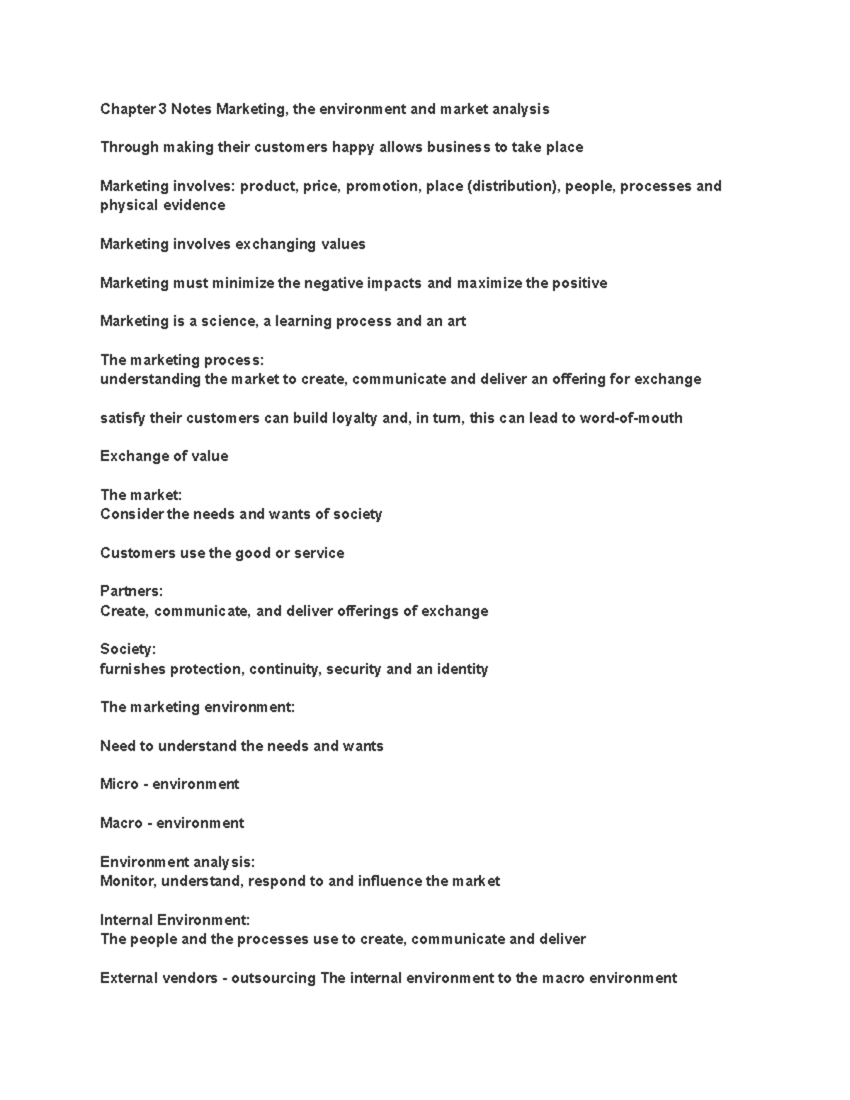 Chapter 3 Notes Marketing, the environment and market analysis ...