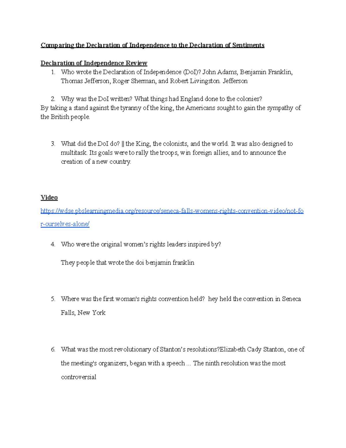 Unit 8 - Declaration of Sentiments - Comparing the Declaration of ...