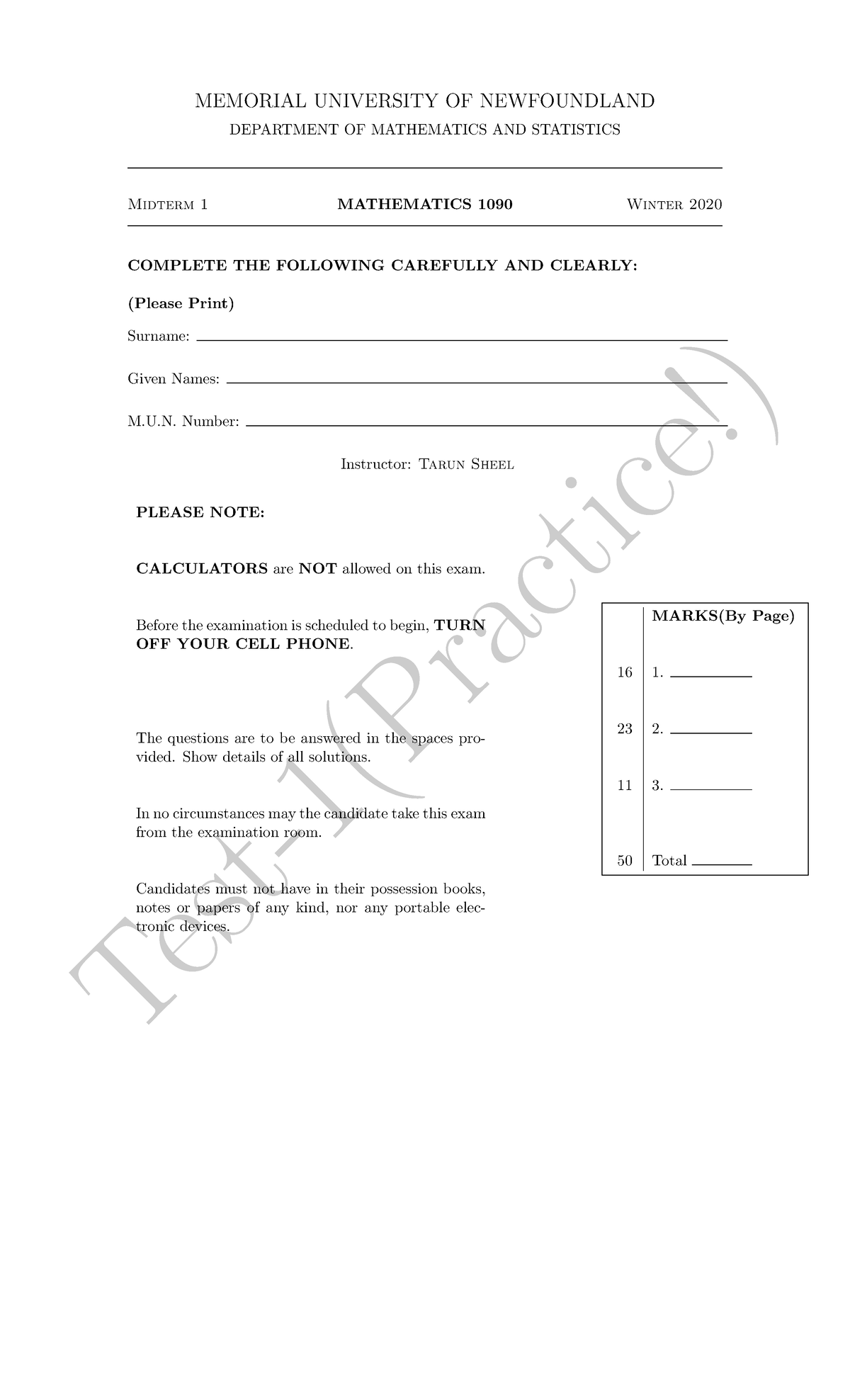 Math1090-Test1-Practice - Test-1(Practice!) MEMORIAL UNIVERSITY OF ...