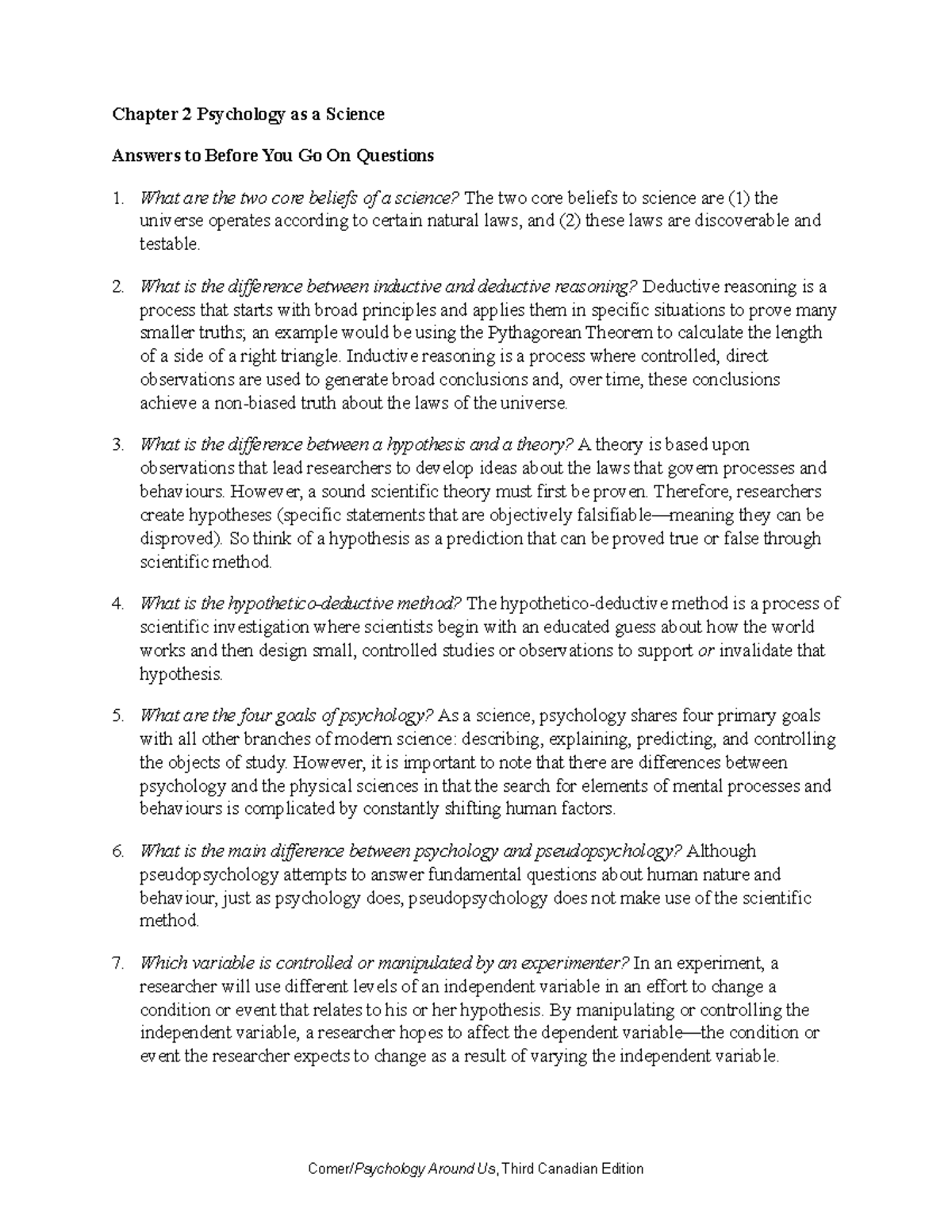 BYGO #2 - Intro to psyc - Chapter 2 Psychology as a Science Answers to Before You Go On ...