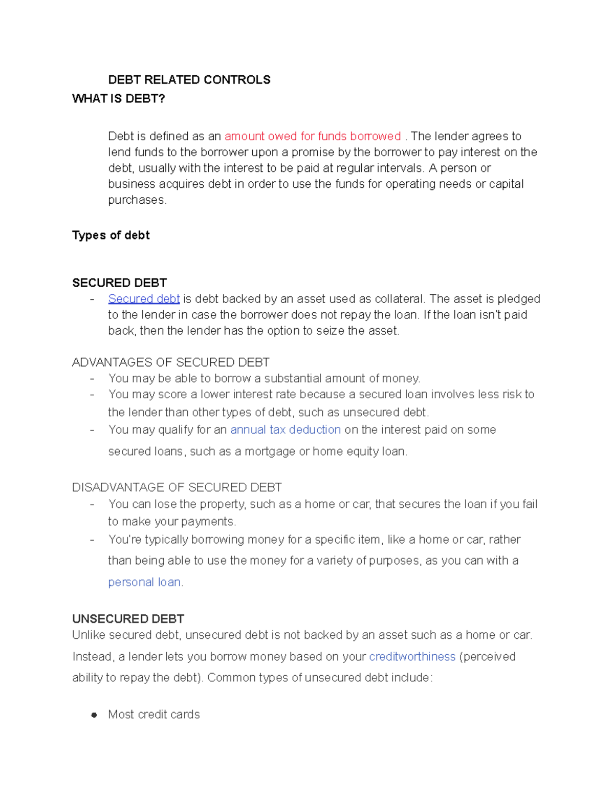 Cc - report - DEBT RELATED CONTROLS WHAT IS DEBT? Debt is defined as an ...