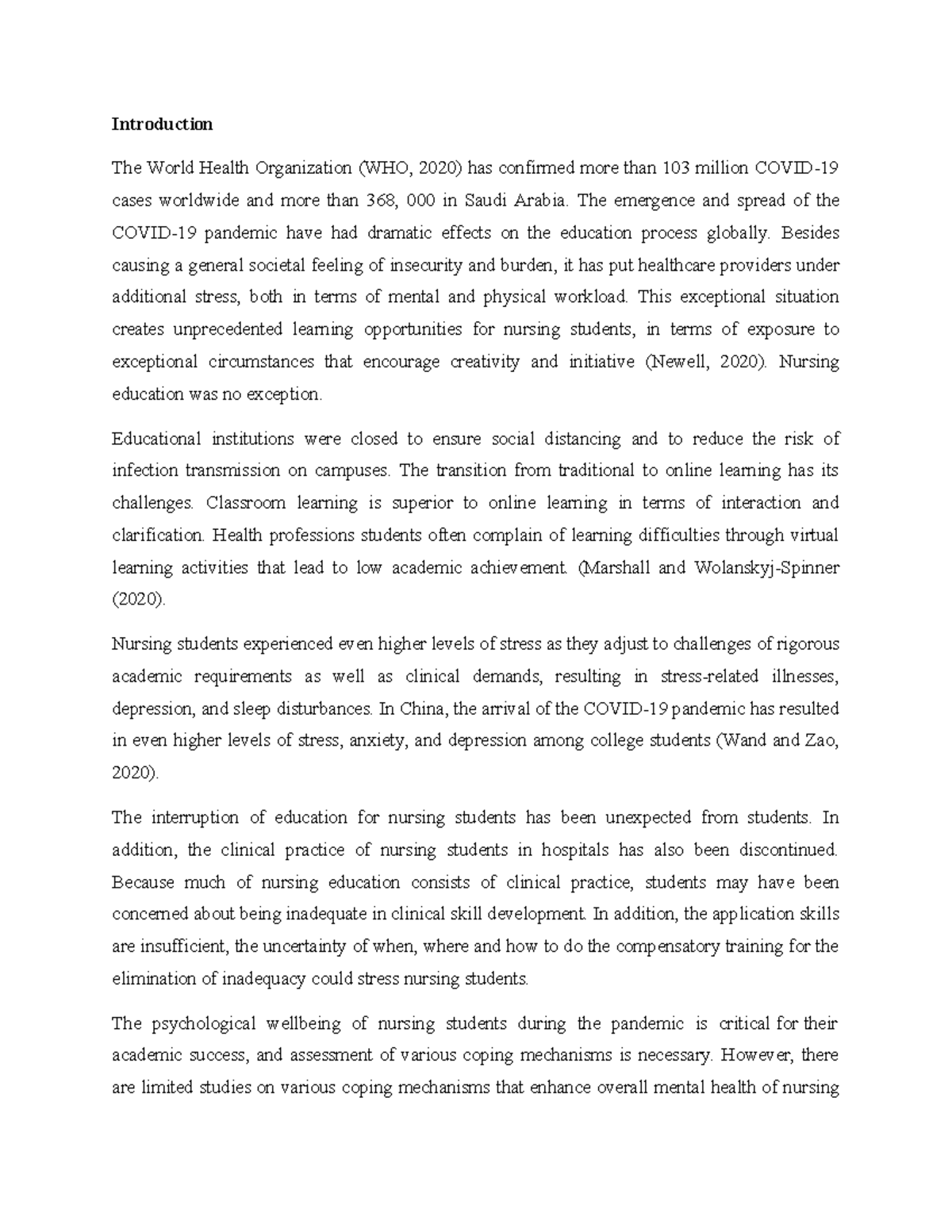 Introduction - Introduction The World Health Organization (WHO, 2020 ...