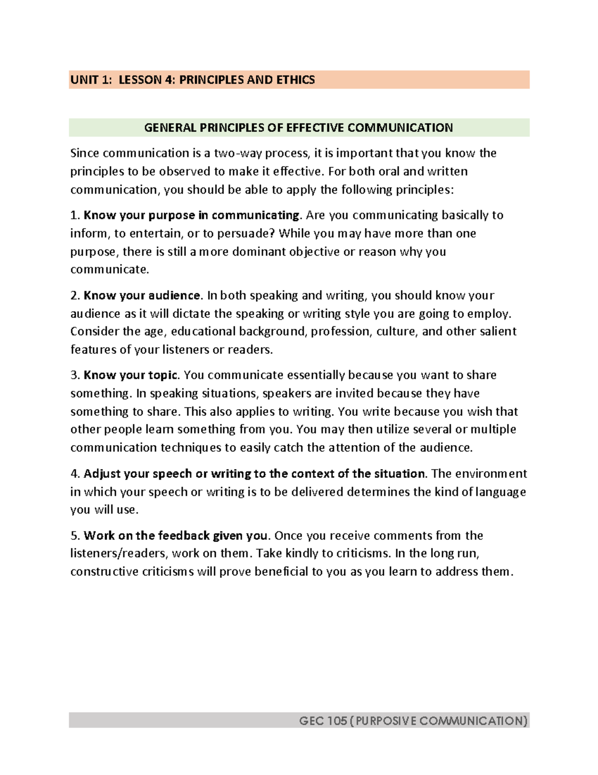 GEC 105 Lesson 4 - Study well - GEC 105 (PURPOSIVE COMMUNICATION) UNIT 1: LESSON 4: PRINCIPLES ...