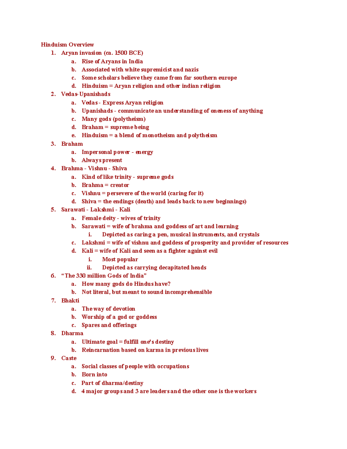 Religious Studies 101 - Hinduism - Hinduism Overview 1. Aryan invasion ...