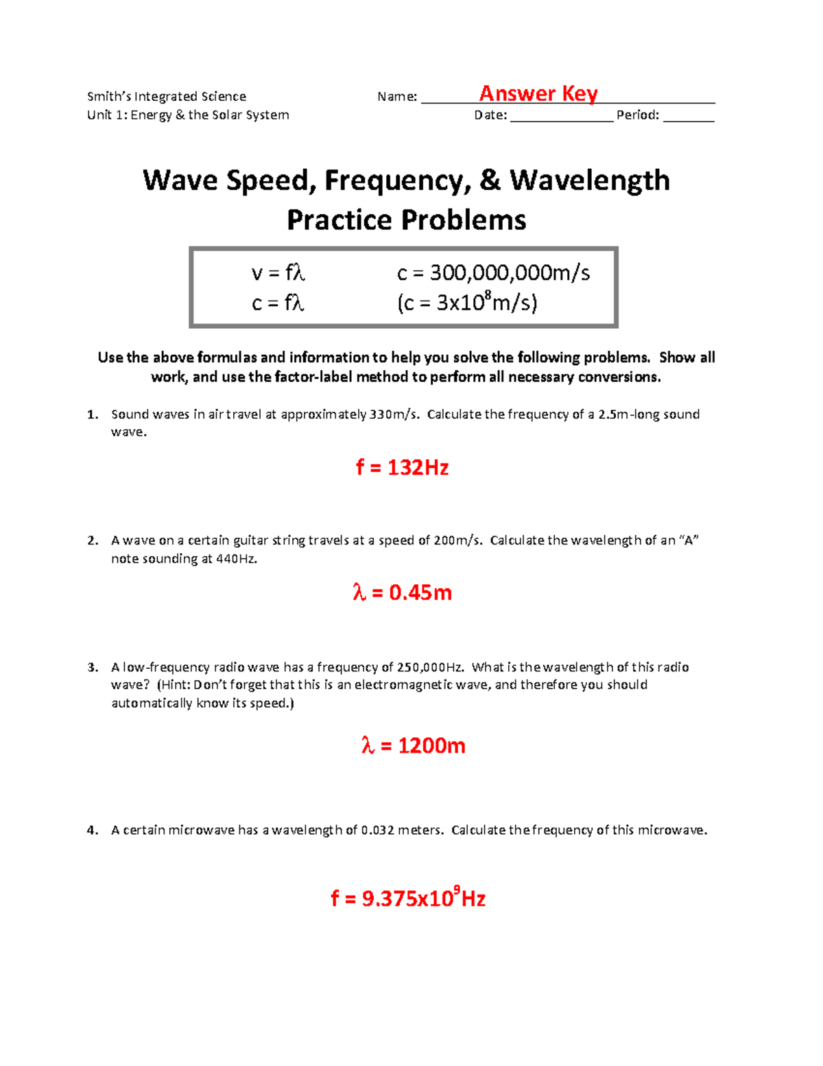 Freq Wavelength Practice (with Answers) - Smith’s Integrated Science ...