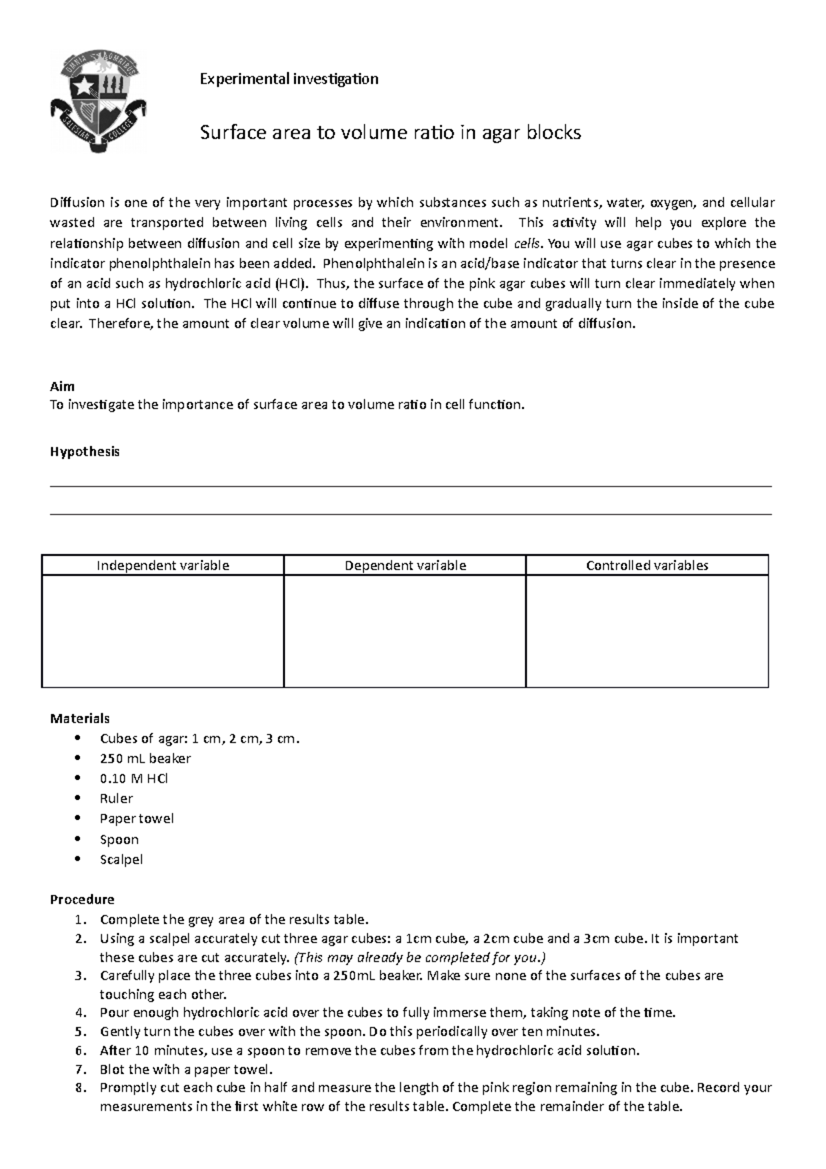 11 Biology Practical Surface area to volume ratio with agar blocks ...