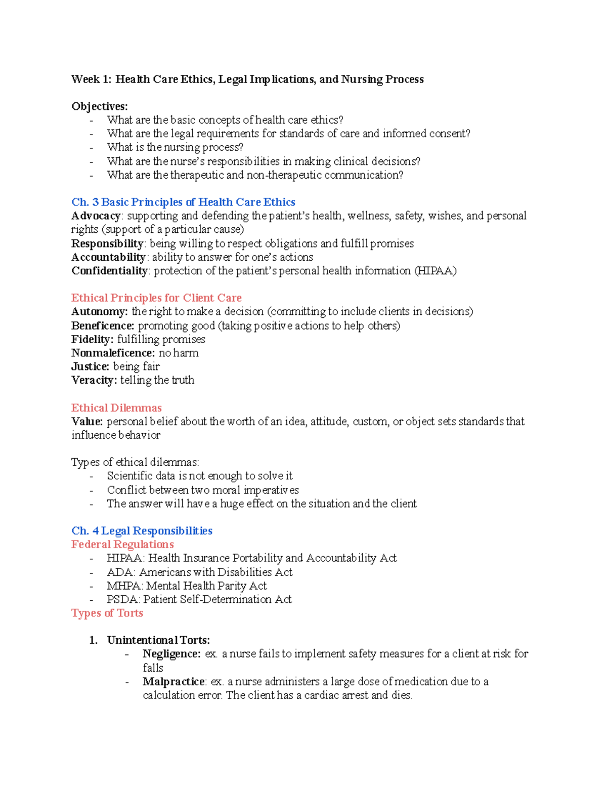 Fundamentals Quiz 1 Study Guide - Week 1: Health Care Ethics, Legal ...