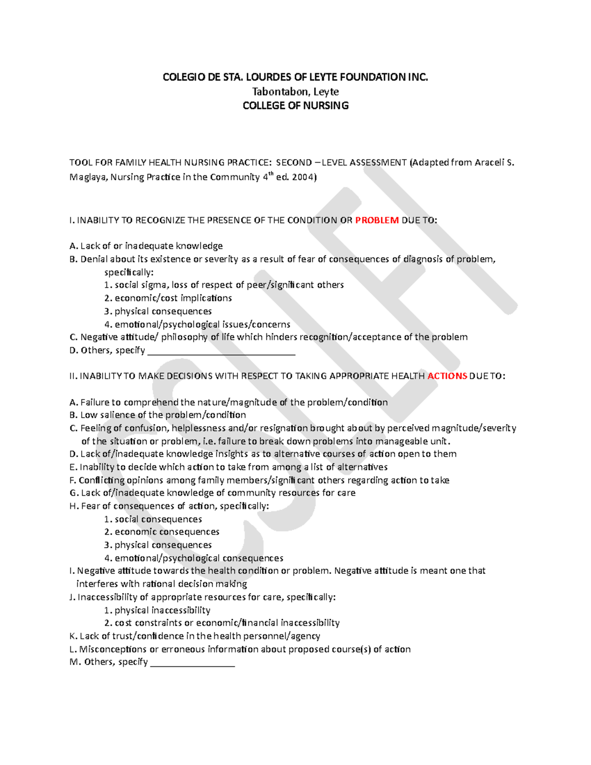 TOOL - Second Level Assessment - COLEGIO DE STA. LOURDES OF LEYTE ...