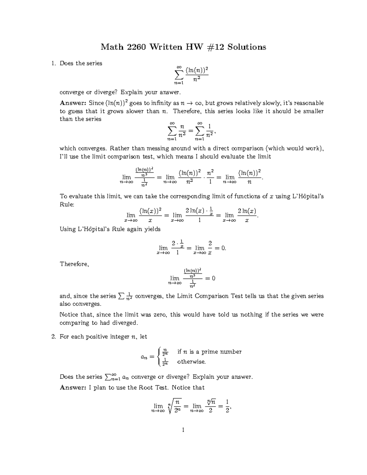 Hw12solutions - Hjnm - Math 2260 Written HW #12 Solutions Does the ...