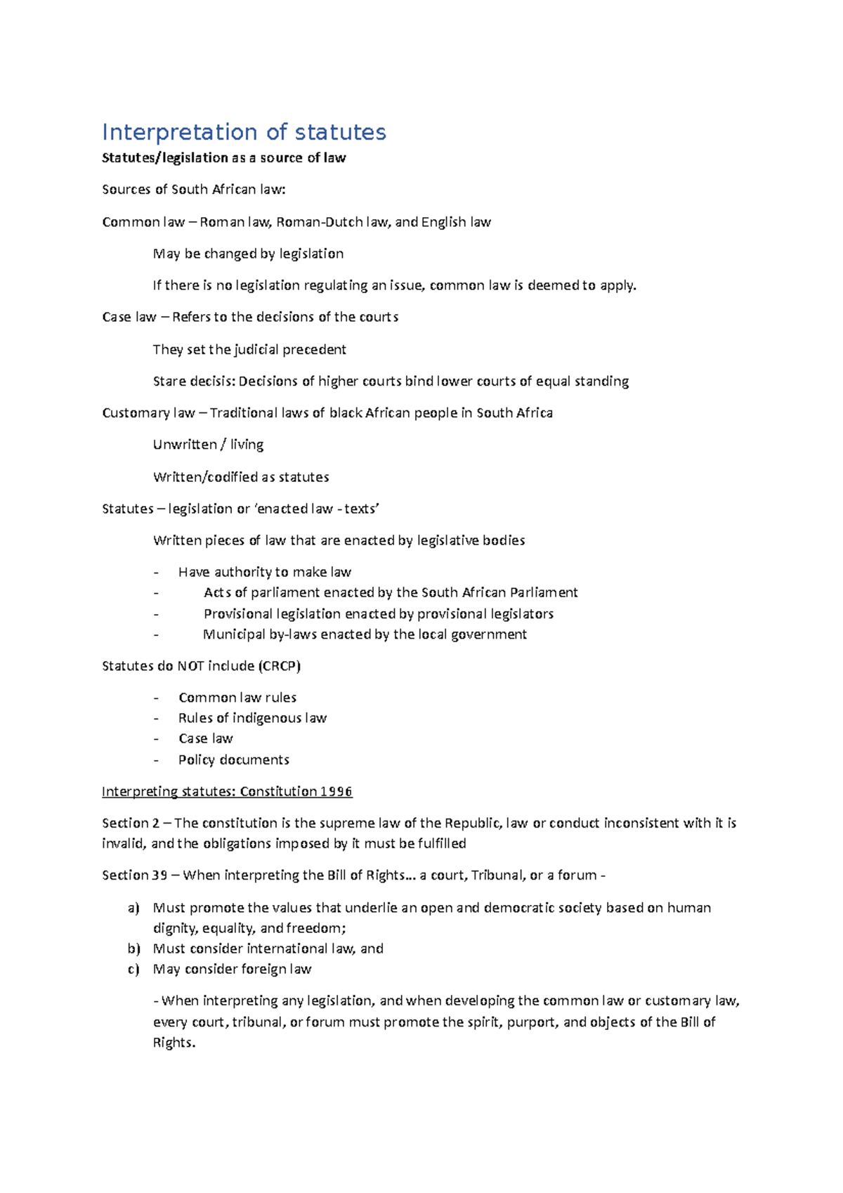 Interpretation of Stats Notes - Interpretation of statutes Statutes ...