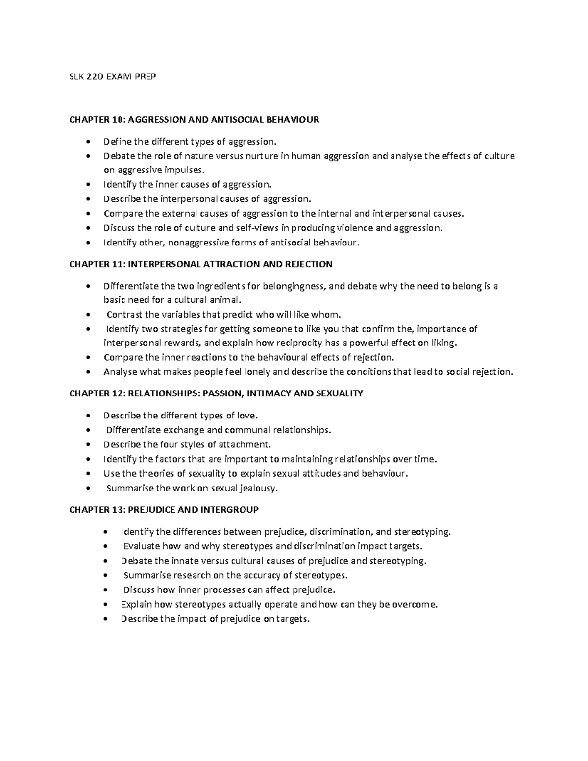 SLK 22O EXAM PREP - Exam prep checklist - SLK 22O EXAM PREP CHAPTER 10 ...