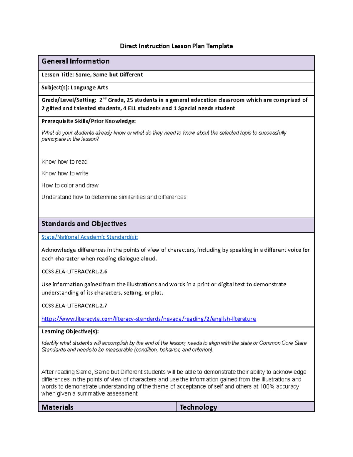 Children's Literature Lesson Plan task 1 - Direct Instruction Lesson ...