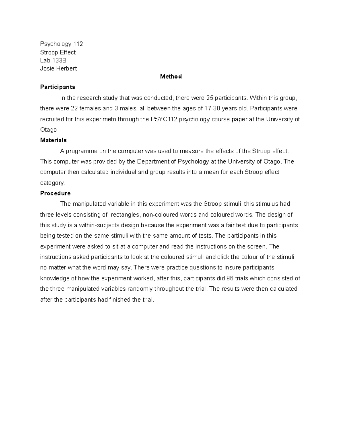 PSYC LAB Report 1- Stroop effect - Psychology 112 Stroop Effect Lab ...
